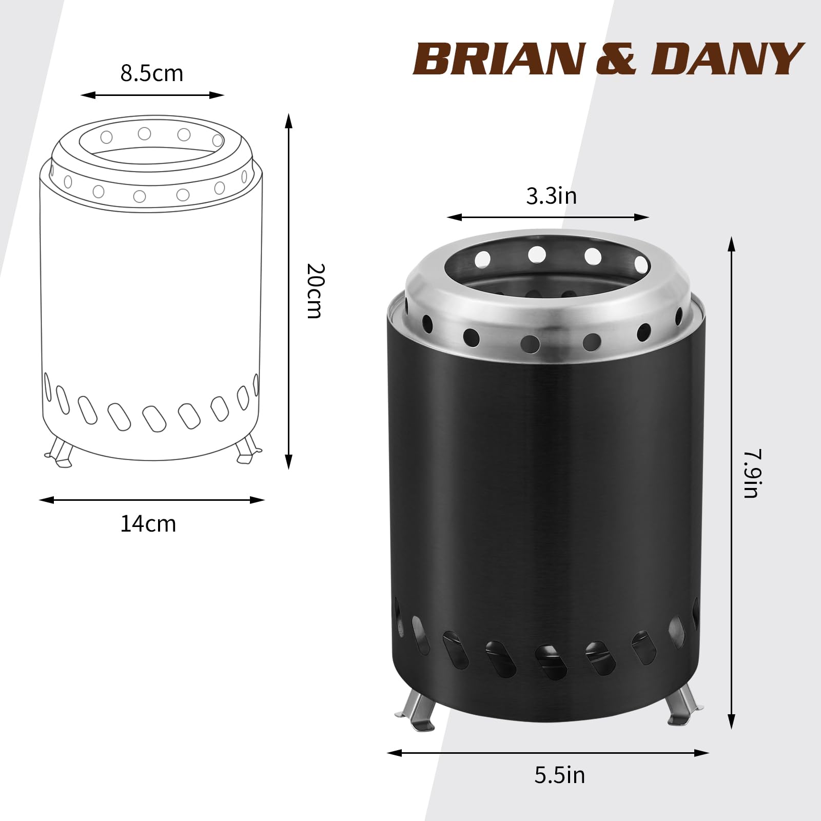 BRIAN & DANY Tabletop Solo Fire Pit with Stand, Smokeless Firepit for Outside, Stainless Steel Stove Bonfire, Fueled by Pellets or Wood, Includes Travel Bag & Fireproof Mat - 7.9 x 5.5in,Black