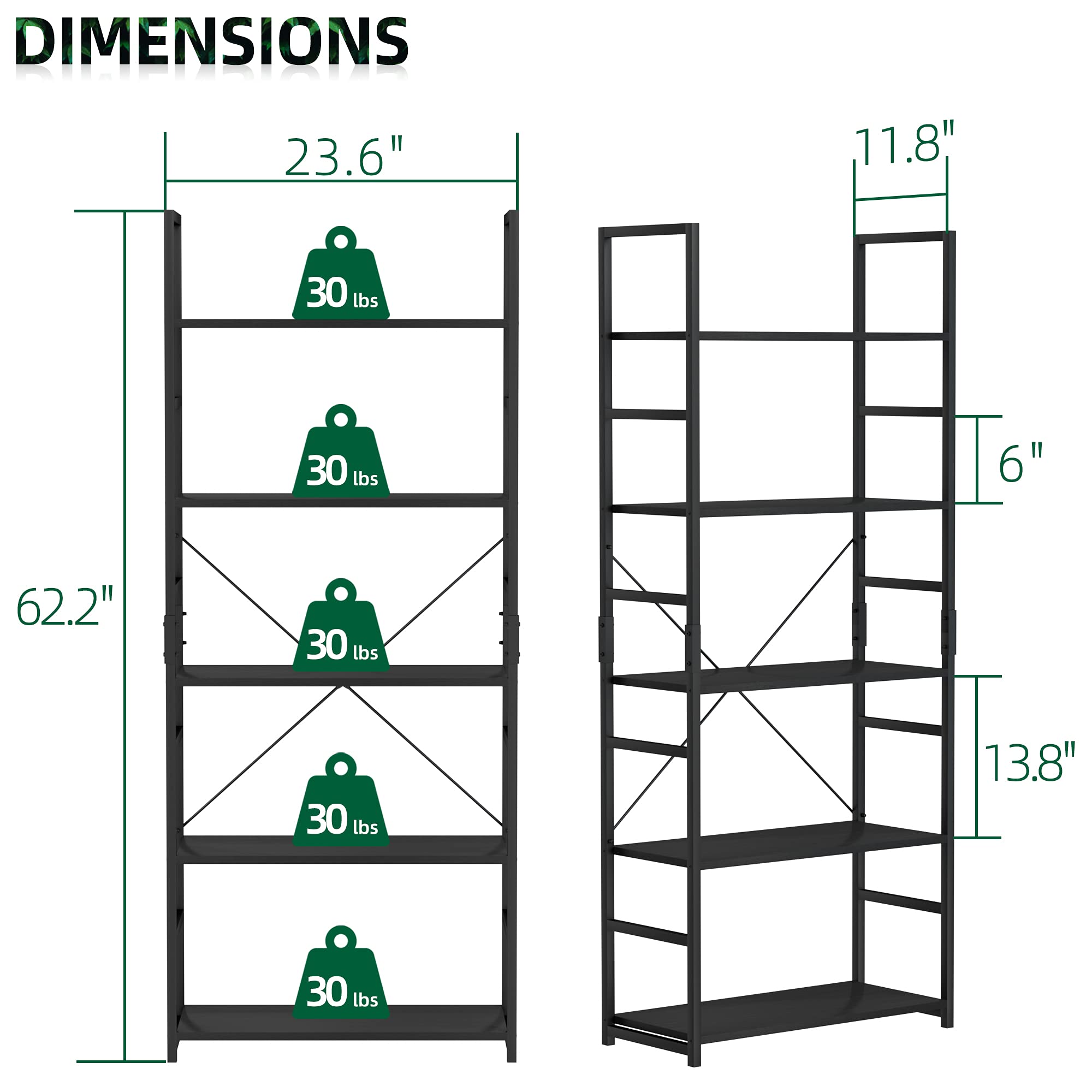OTK 5 Tier Bookshelf, Tall Bookcase, Office Shelf Storage Organizer, Modern Book Shelf for Living Room, Bedroom, and Home Office, Black
