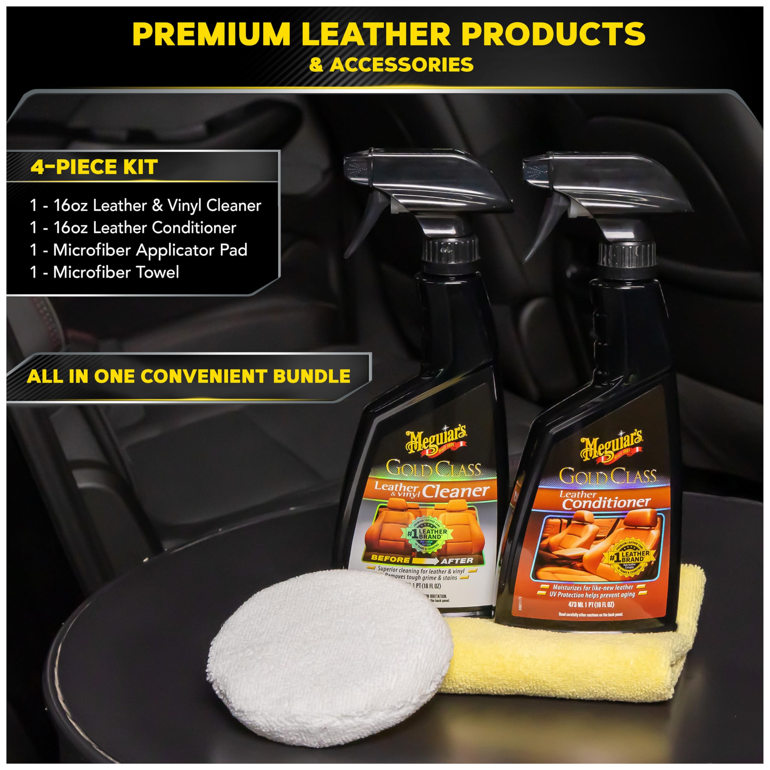 Meguiar's G55153 Leather Care Kit, Includes Gold Class Leather & Vinyl Cleaner, Gold Class Leather Conditioner, Microfiber Applicator Pad and Supreme Shine Microfiber Towel
