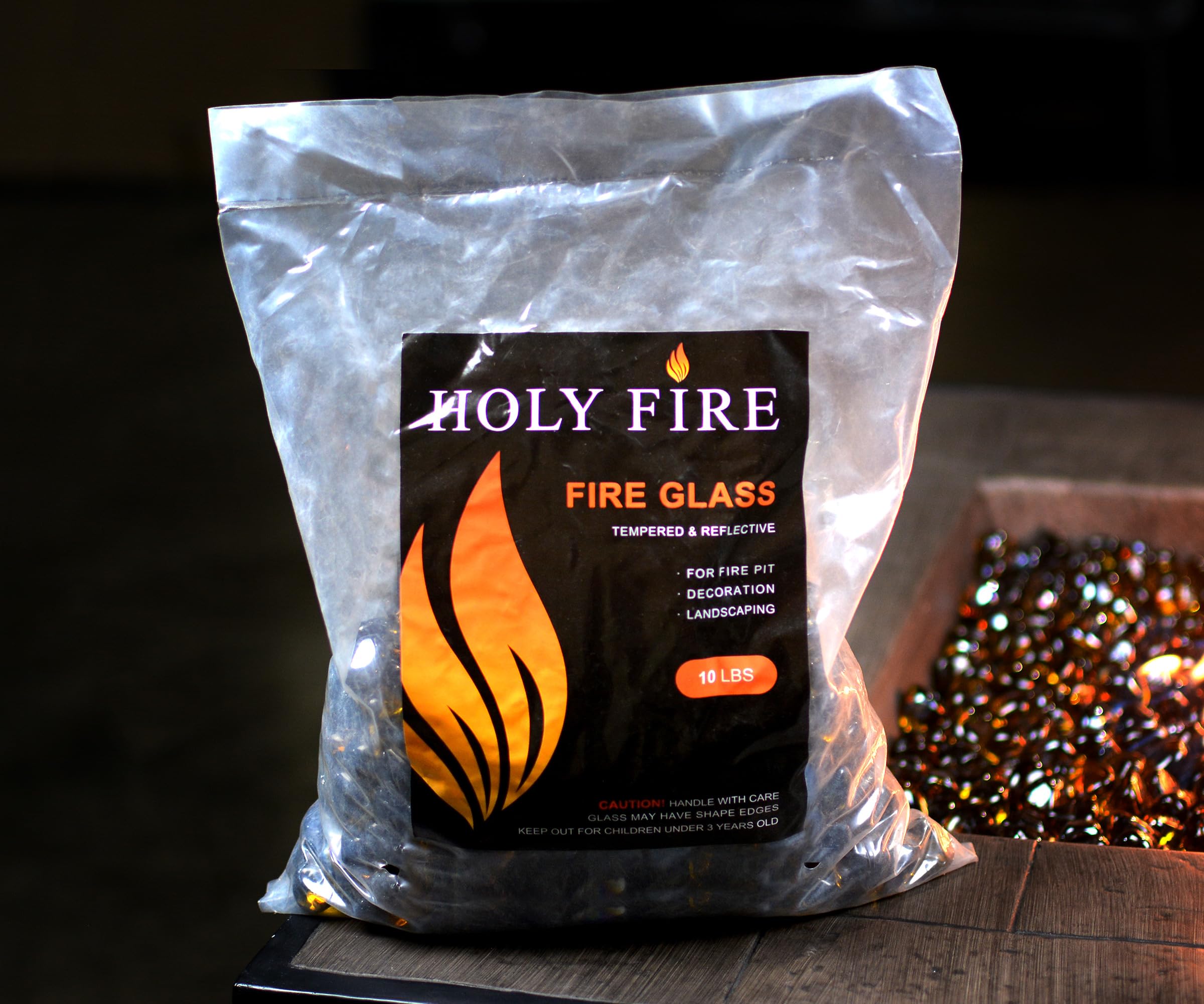Holy Fire 1-inch Fire Glass Diamonds for Fire Pits, Reflective Diamonds Rocks for Natural or Propane Gas Fireplaces Fire Bowls, Indoor & Outdoor Landscaping. (20 Pounds, Amber Brown)