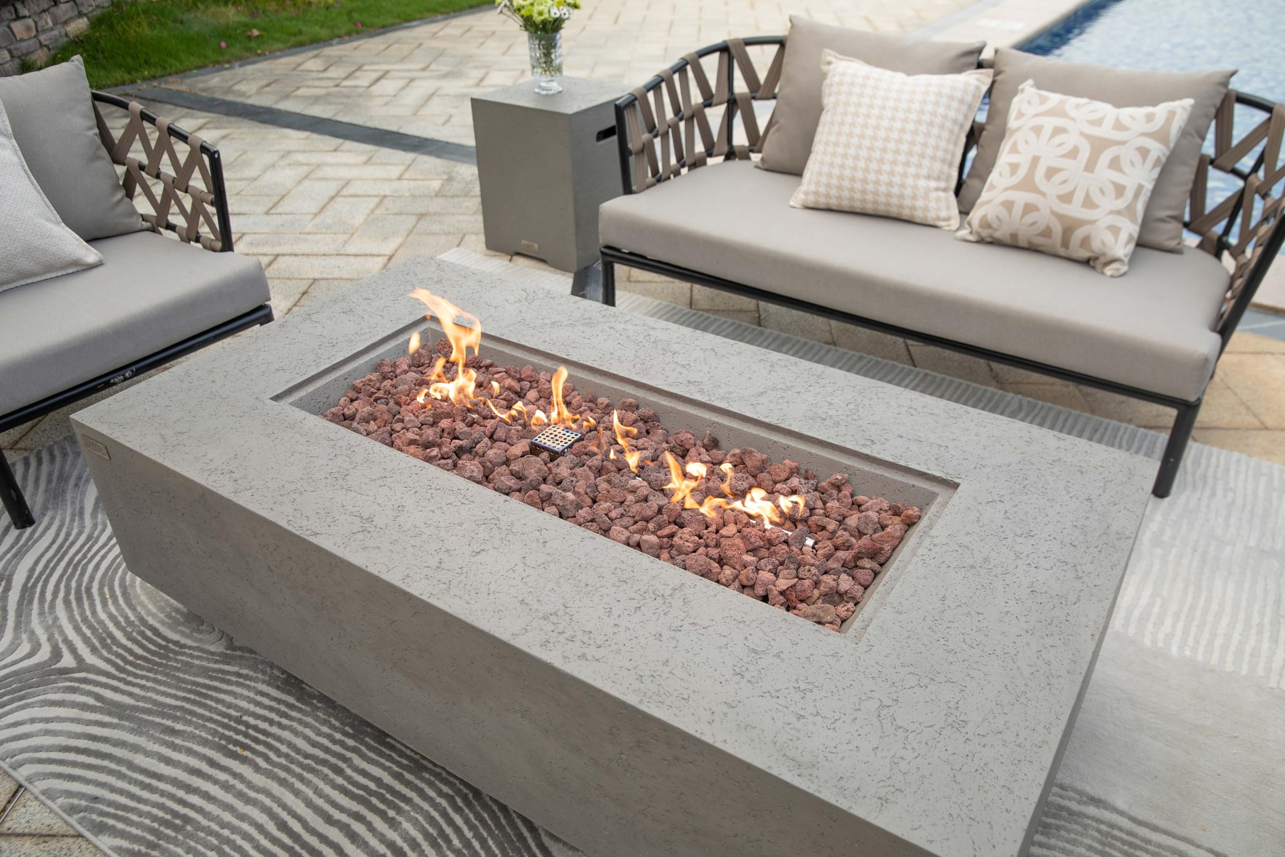 AMS Fireplace | Bundle for Madison 60"x32" Rectangular Concrete Natural Gas Fire Pit Table | Light Gray | Travertine (coarse) Texture Surface | Outdoor Patio Heater Electronic Ignition Fireplace