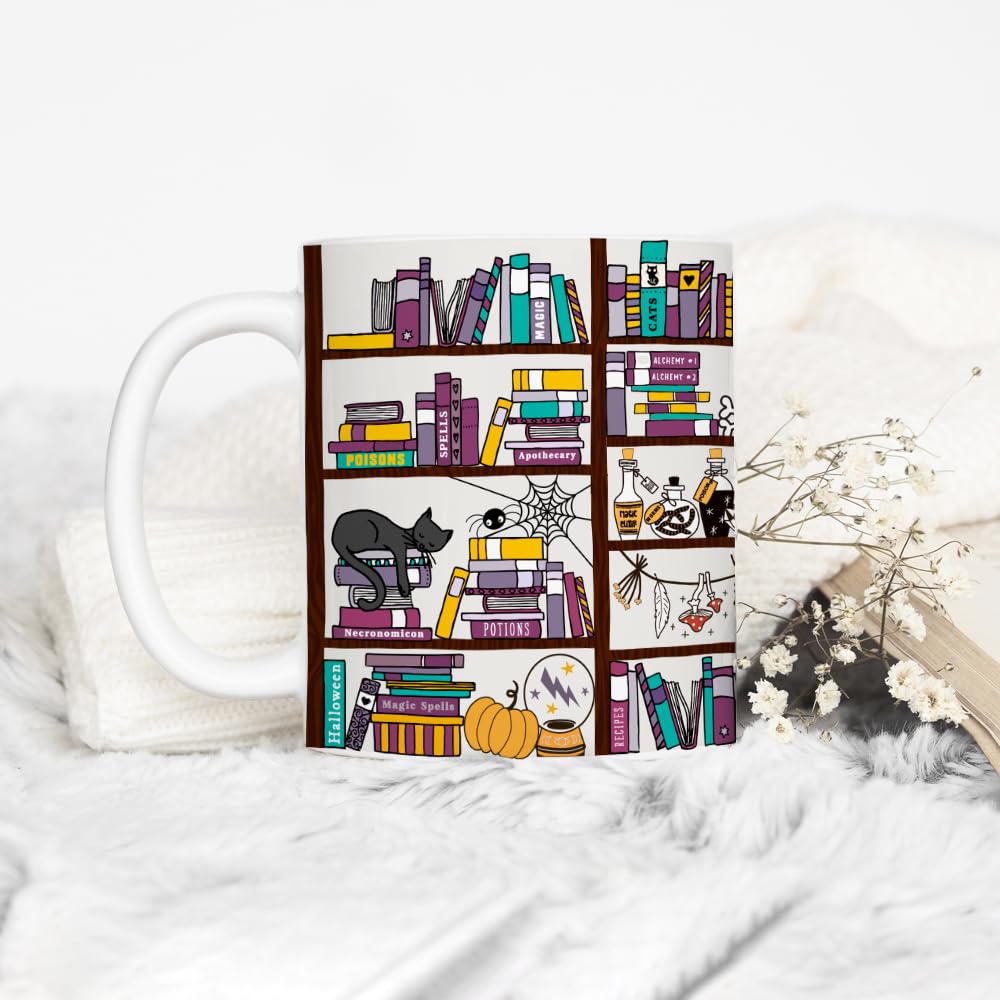 Halloween Spooky Book Library Coffee Mug, Gothic Witchy Bookish Gifts, Librarian Bookworm Bibliophile Cup (11oz)