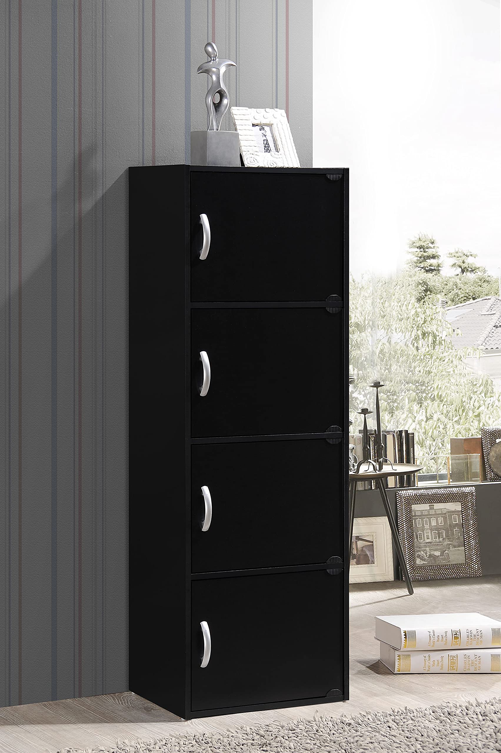 HODEDAH IMPORT 4-Shelf Bookcase Cabinet, Black