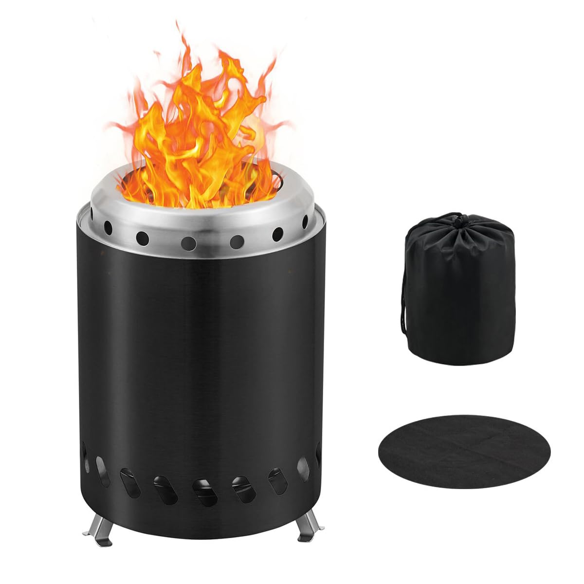 BRIAN & DANY Tabletop Solo Fire Pit with Stand, Smokeless Firepit for Outside, Stainless Steel Stove Bonfire, Fueled by Pellets or Wood, Includes Travel Bag & Fireproof Mat - 7.9 x 5.5in,Black