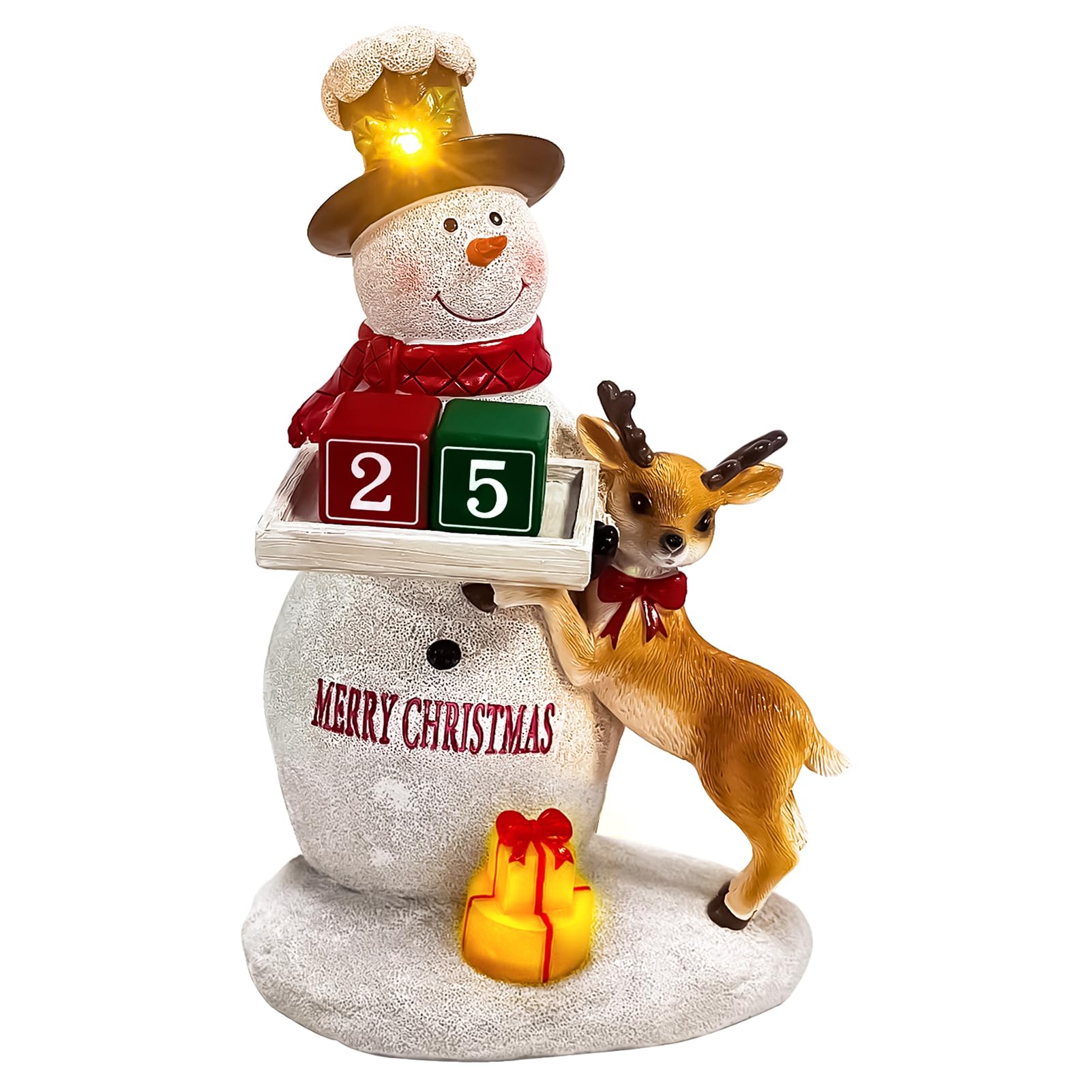 Kaezuy Christmas Snowman Decorations Indoor, 9.8'' Light Up Snowman and Reindeer Resin Figurine for Home Christmas Centerpieces Tabletop Winter Decor Xmas Gift