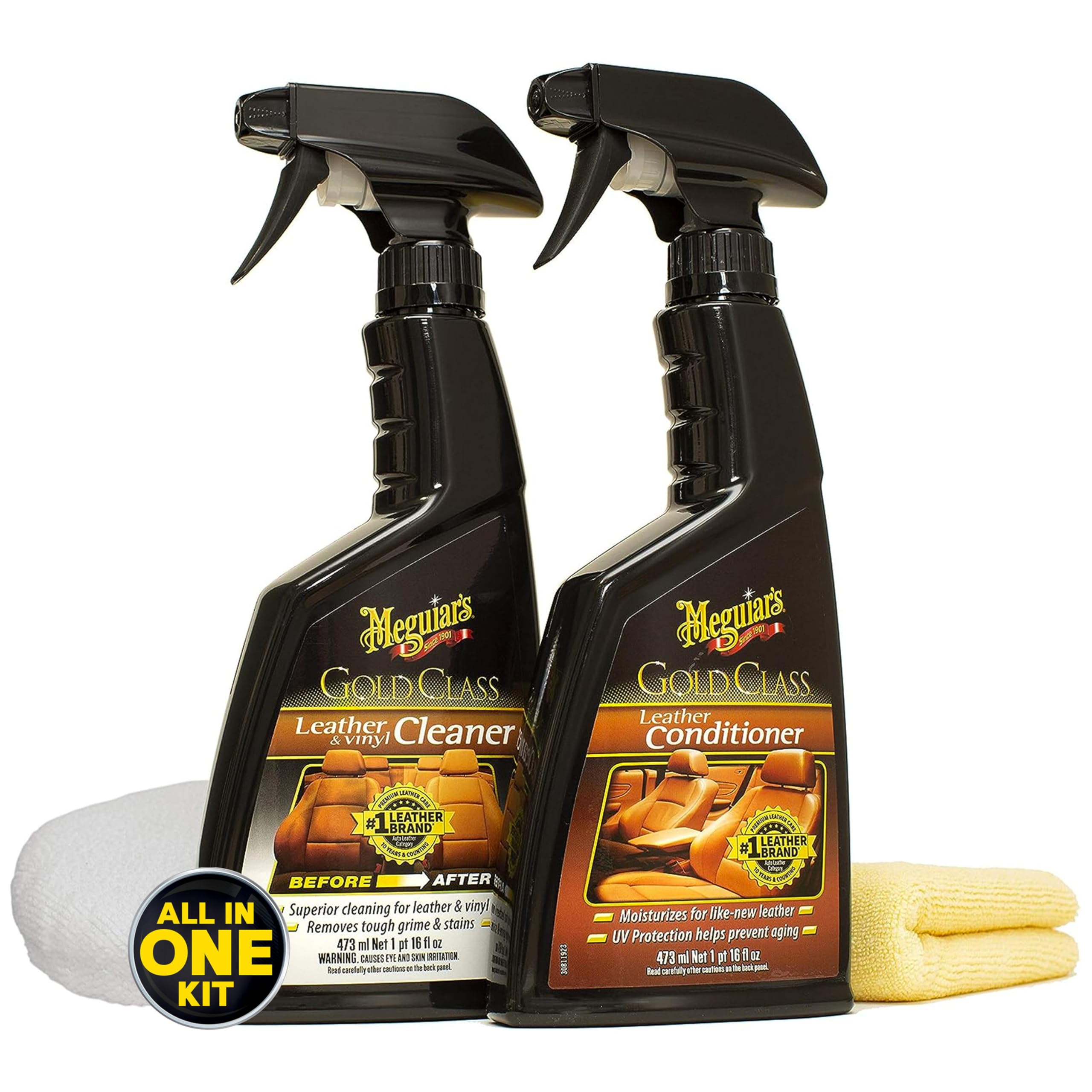 Meguiar's G55153 Leather Care Kit, Includes Gold Class Leather & Vinyl Cleaner, Gold Class Leather Conditioner, Microfiber Applicator Pad and Supreme Shine Microfiber Towel