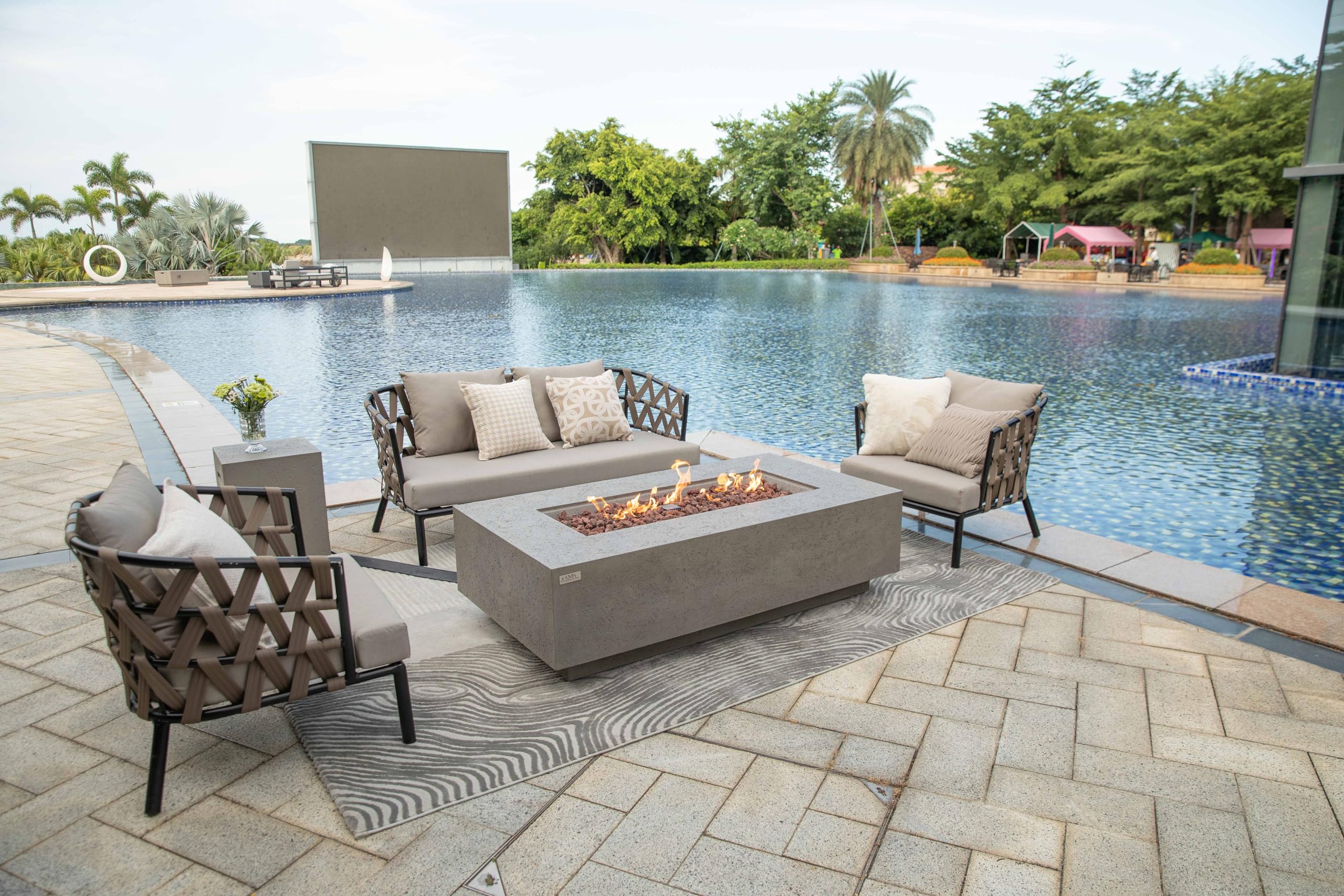 AMS Fireplace | Bundle for Madison 60"x32" Rectangular Concrete Natural Gas Fire Pit Table | Light Gray | Travertine (coarse) Texture Surface | Outdoor Patio Heater Electronic Ignition Fireplace