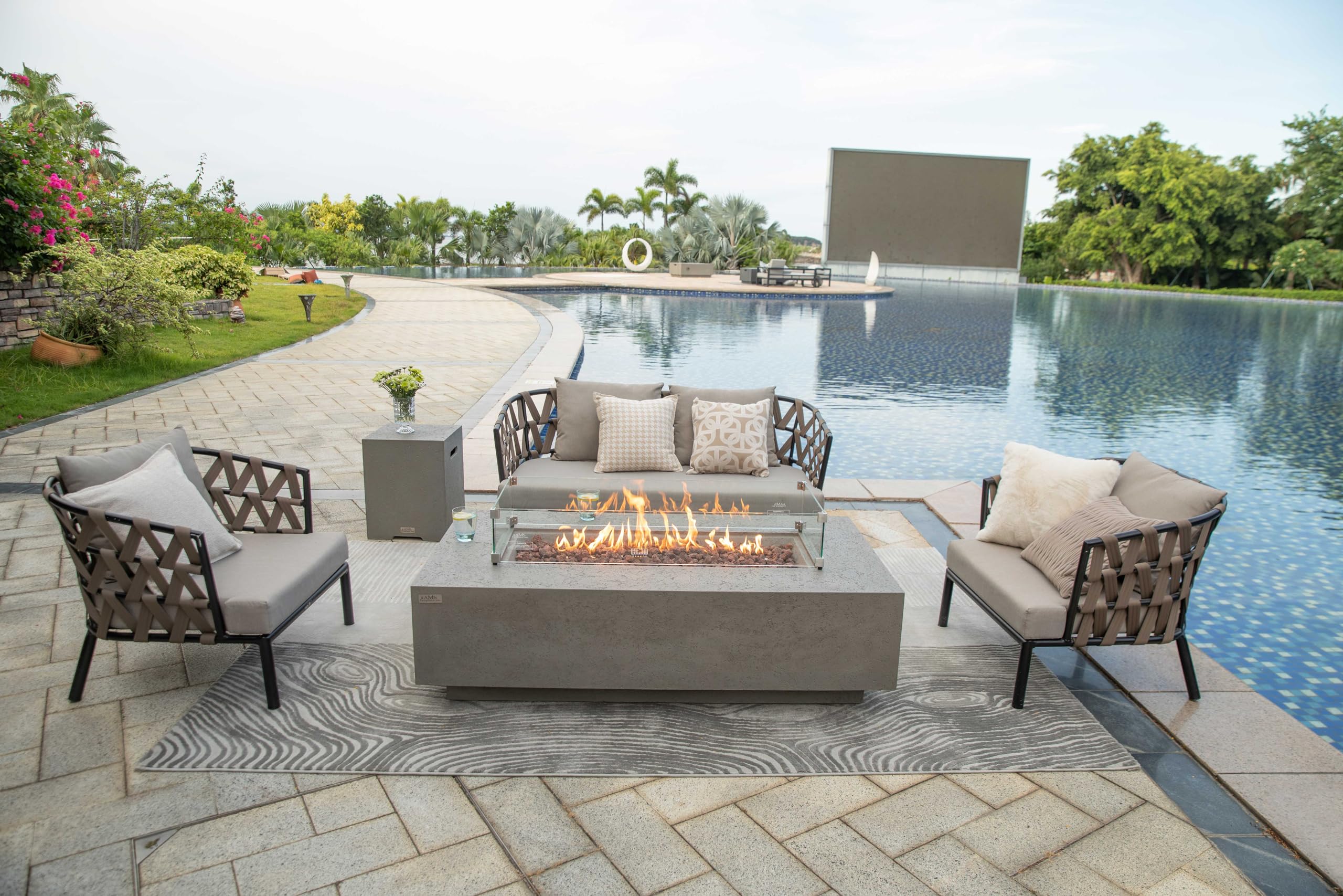 AMS Fireplace | Bundle for Madison 60"x32" Rectangular Concrete Natural Gas Fire Pit Table | Light Gray | Travertine (coarse) Texture Surface | Outdoor Patio Heater Electronic Ignition Fireplace