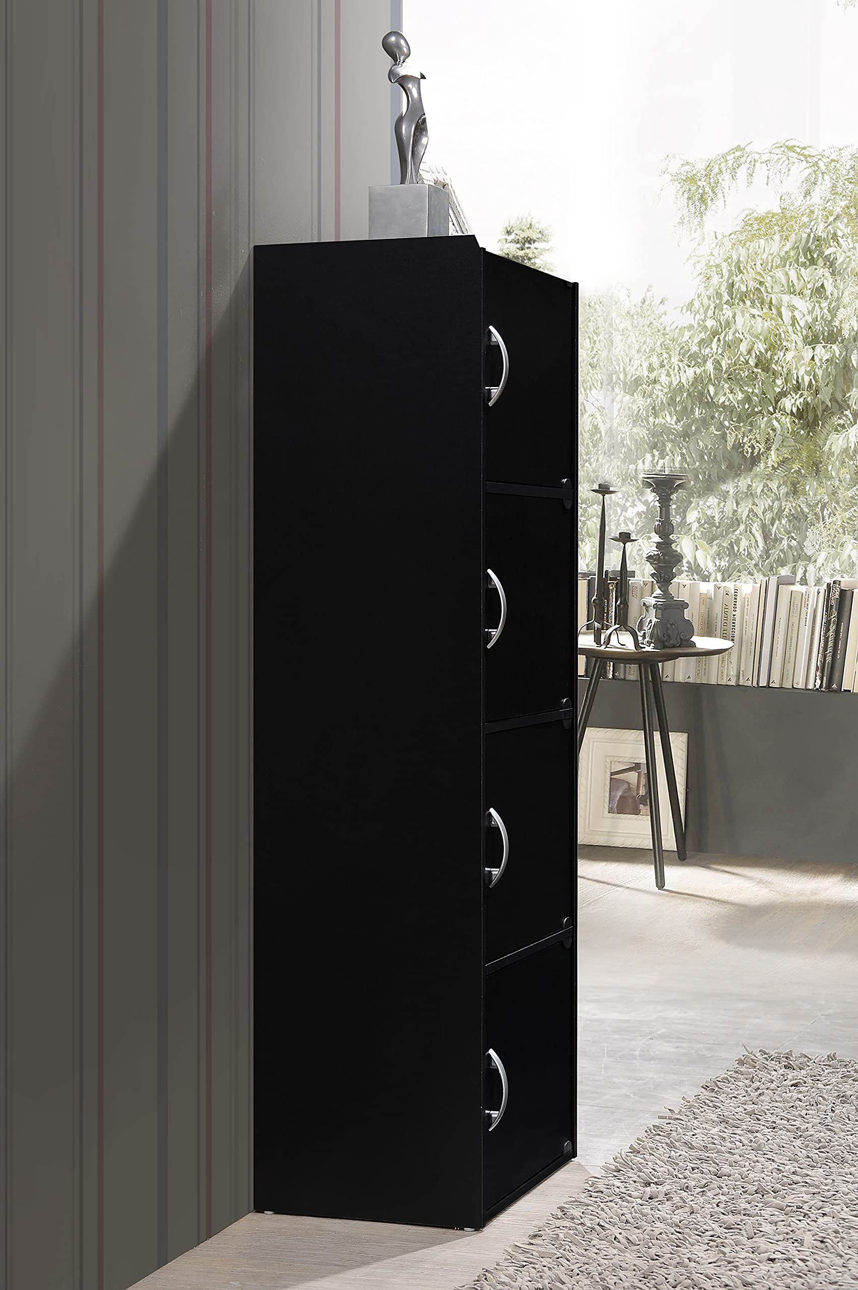 HODEDAH IMPORT 4-Shelf Bookcase Cabinet, Black