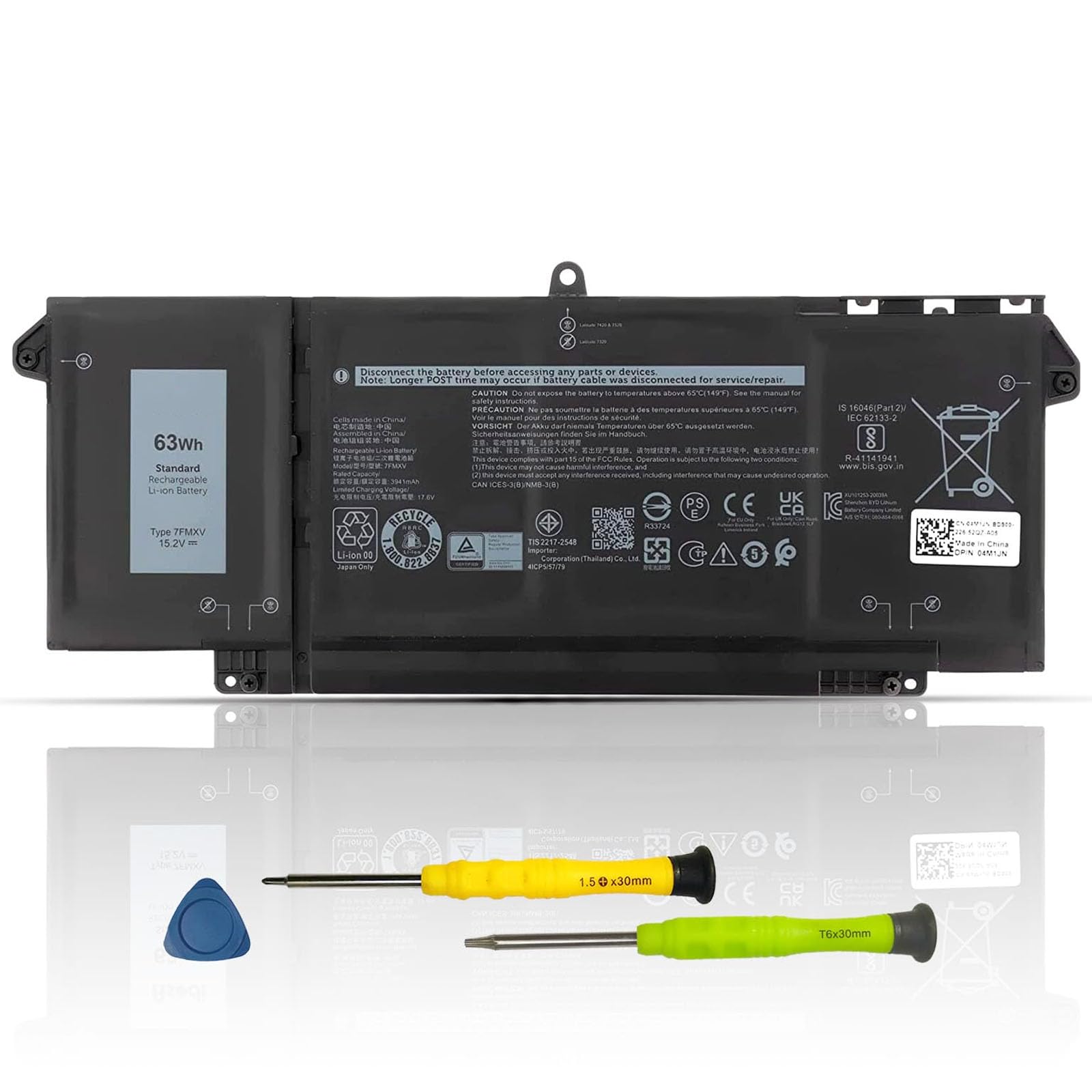 ASODI 7FMXV Laptop Battery Replacement for Dell Latitude 5320 7320 7420 7520 Latitude 5320 2-in-1/7320 2-in-1/7420 2-in-1 P134G001 P135G001 P138G001 4M1JN 1PP63 MHR4G 0TN2GY 9JM71 15.2V 63Wh