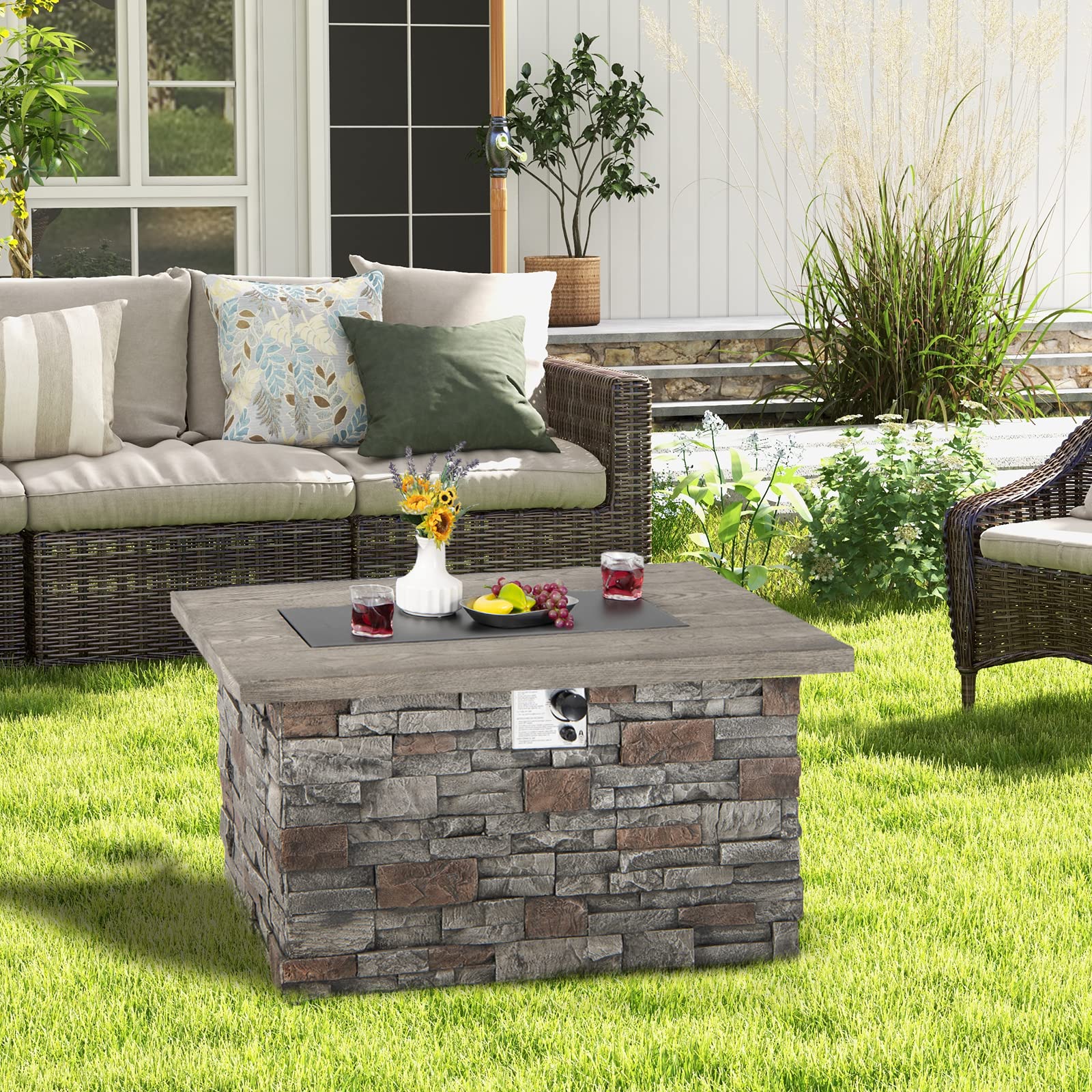 Tangkula 50,000 BTU Propane Fire Pit Table, Patiojoy 43.5 Inch Rectangle Fire Table with Faux Stone Surface, Outdoor Gas Fire Pit Table with Stainless Steel Burner, Waterproof PVC Cover, Lava Rocks