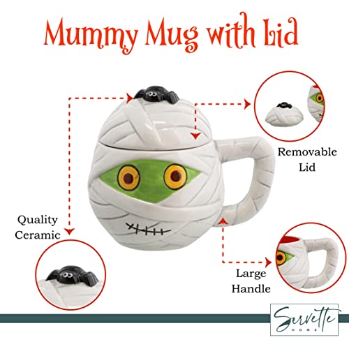 Servette Home Ceramic 10 ounce Halloween Soup Mug with Lid (Mummy)