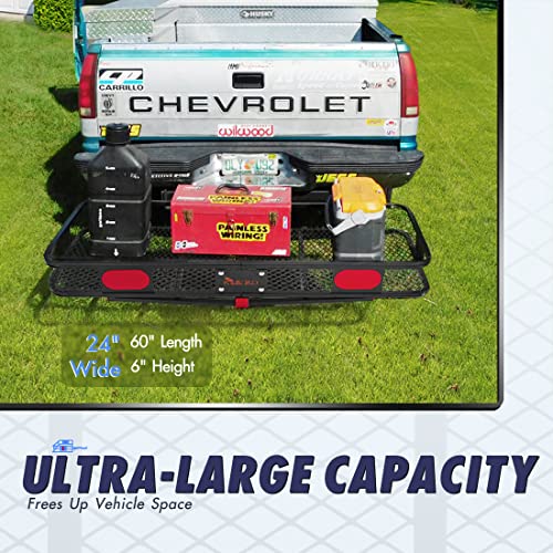 KING BIRD Folding Hitch Cargo Carrier 60x24x6 with 18 Cuft Waterproof Bag & Hitch Stabilizer& Ratchet Straps Fits to 2'' Receiver,550LBS Capacity Cargo Basket | Trailer Tow Hitch Cargo Carrier