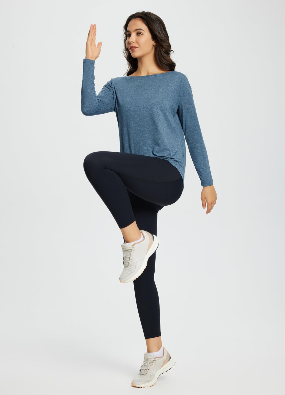baleaf Women's Long Sleeve Workout Shirts Active Tops Loose Fit Quick Dry Tops Athletic Yoga Tee Shirts Lightweight Casual Fall Heather Navy M