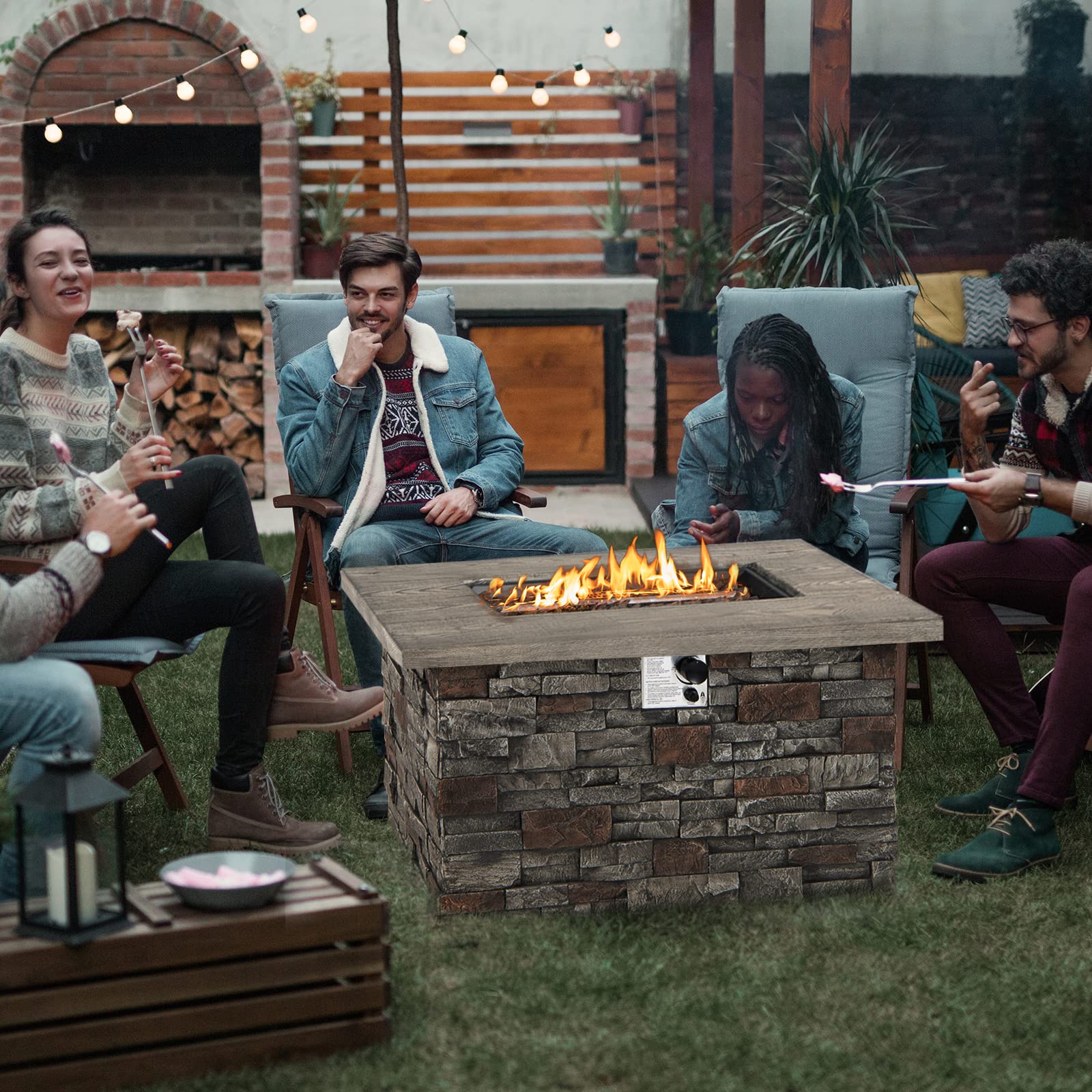 Tangkula 50,000 BTU Propane Fire Pit Table, Patiojoy 43.5 Inch Rectangle Fire Table with Faux Stone Surface, Outdoor Gas Fire Pit Table with Stainless Steel Burner, Waterproof PVC Cover, Lava Rocks