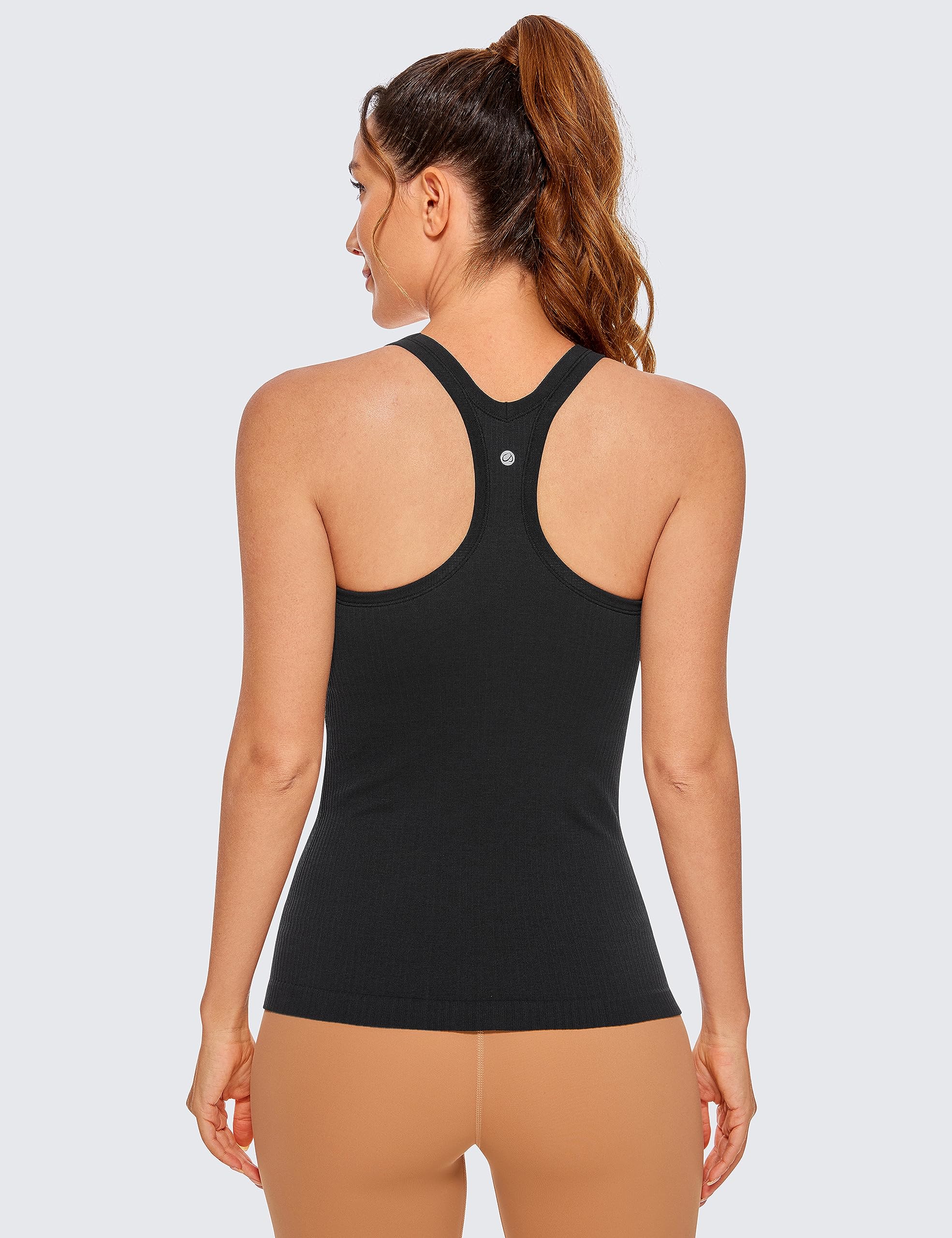 CRZ YOGA Womens Seamless Ribbed Racerback Tank Tops with Built in Bra - Padded Scoop Neck Slimming Athletic Long Camisole Black X-Small
