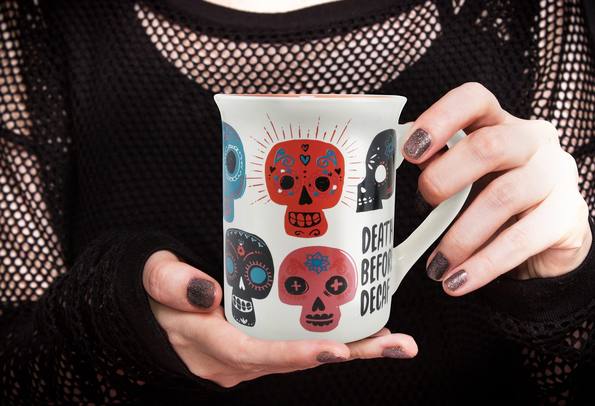 Enesco Our Name is Mud Halloween Sugar Skull Death Before Decaf Coffee Mug, 16 Ounce, Multicolor