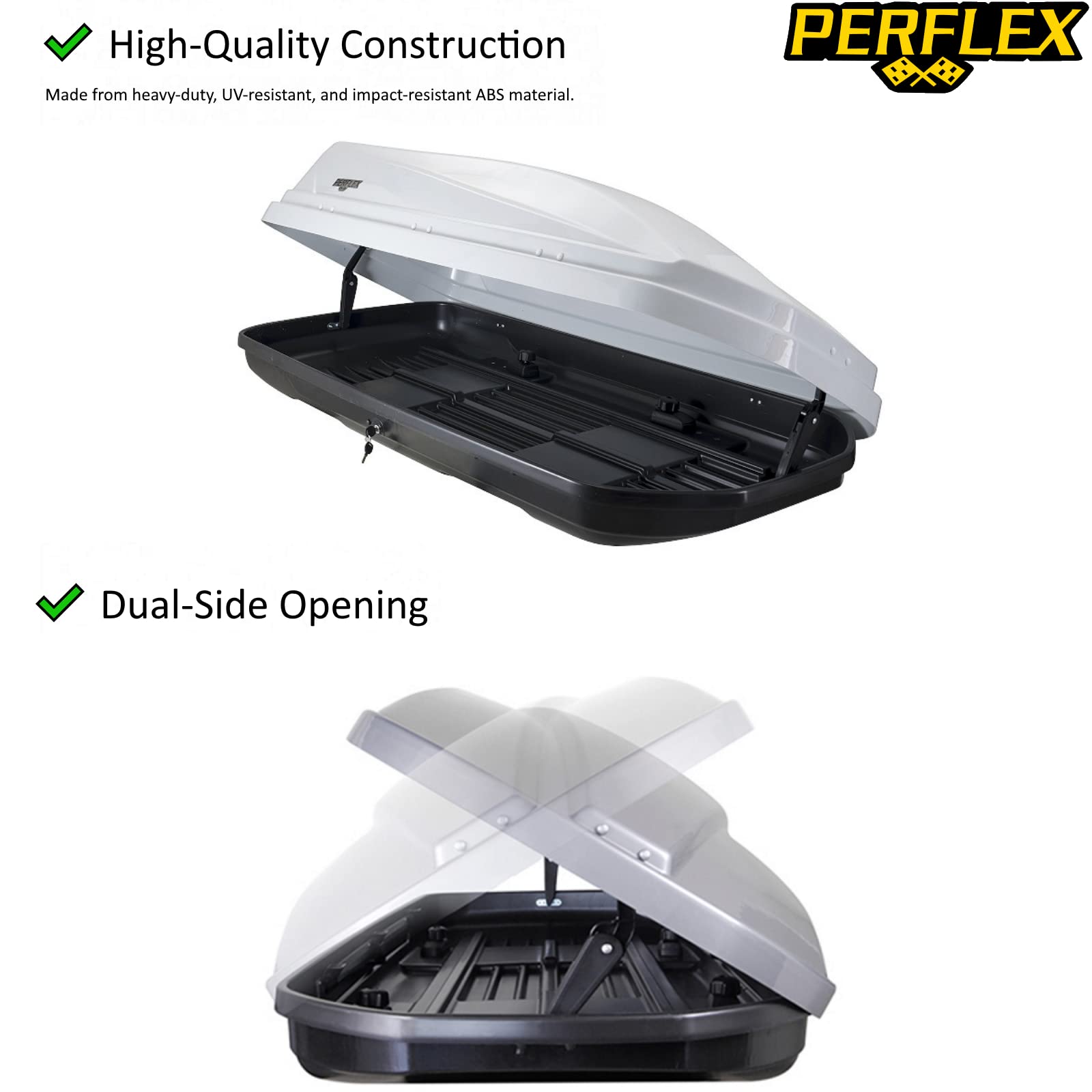 Perflex Exclusive Rooftop Cargo Box Carrier Large 17.7 Cubic Feet Car Top Mount Travel Luggage Storage, Dual Side Opening, 130 Lbs Weight Capacity, Extra Keys, Straps (White)