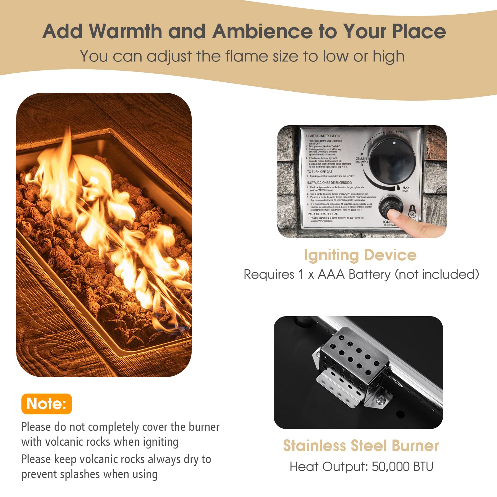 Tangkula 50,000 BTU Propane Fire Pit Table, Patiojoy 43.5 Inch Rectangle Fire Table with Faux Stone Surface, Outdoor Gas Fire Pit Table with Stainless Steel Burner, Waterproof PVC Cover, Lava Rocks