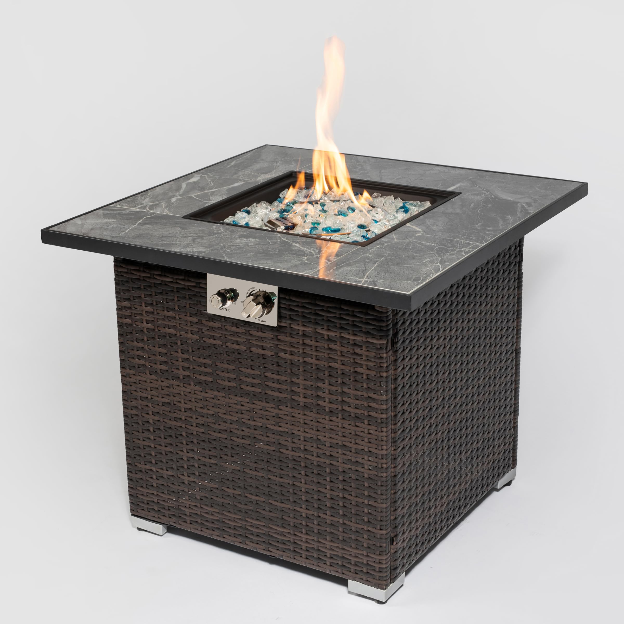30 in. Outdoor Square Brown Wicker Fire Table Propane Gas Fire Pit Table with Lid Gas Fire Pit Table with Glass Rocks & Rain Cover