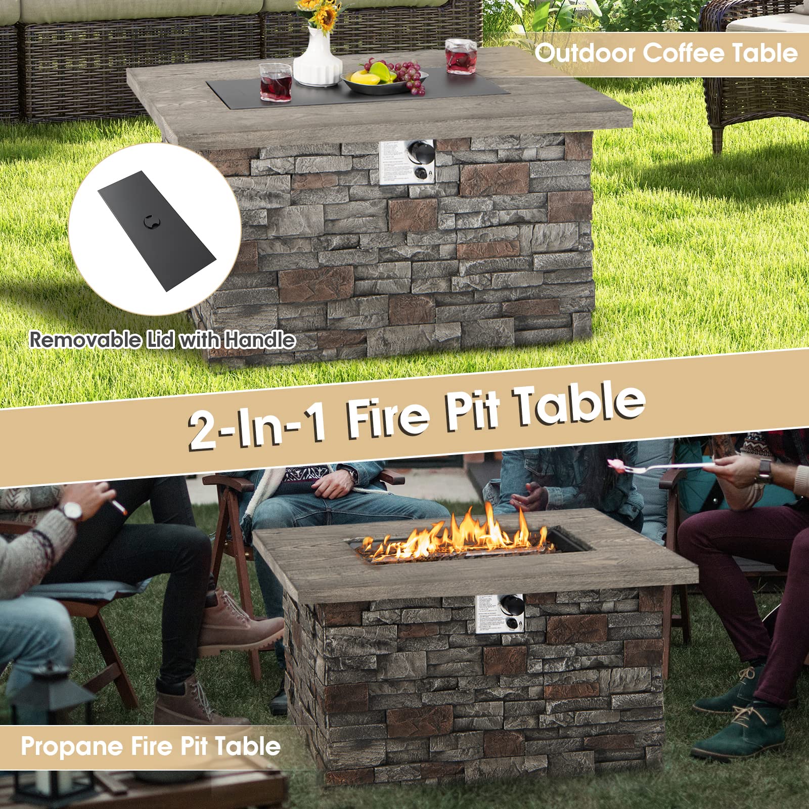 Tangkula 50,000 BTU Propane Fire Pit Table, Patiojoy 43.5 Inch Rectangle Fire Table with Faux Stone Surface, Outdoor Gas Fire Pit Table with Stainless Steel Burner, Waterproof PVC Cover, Lava Rocks