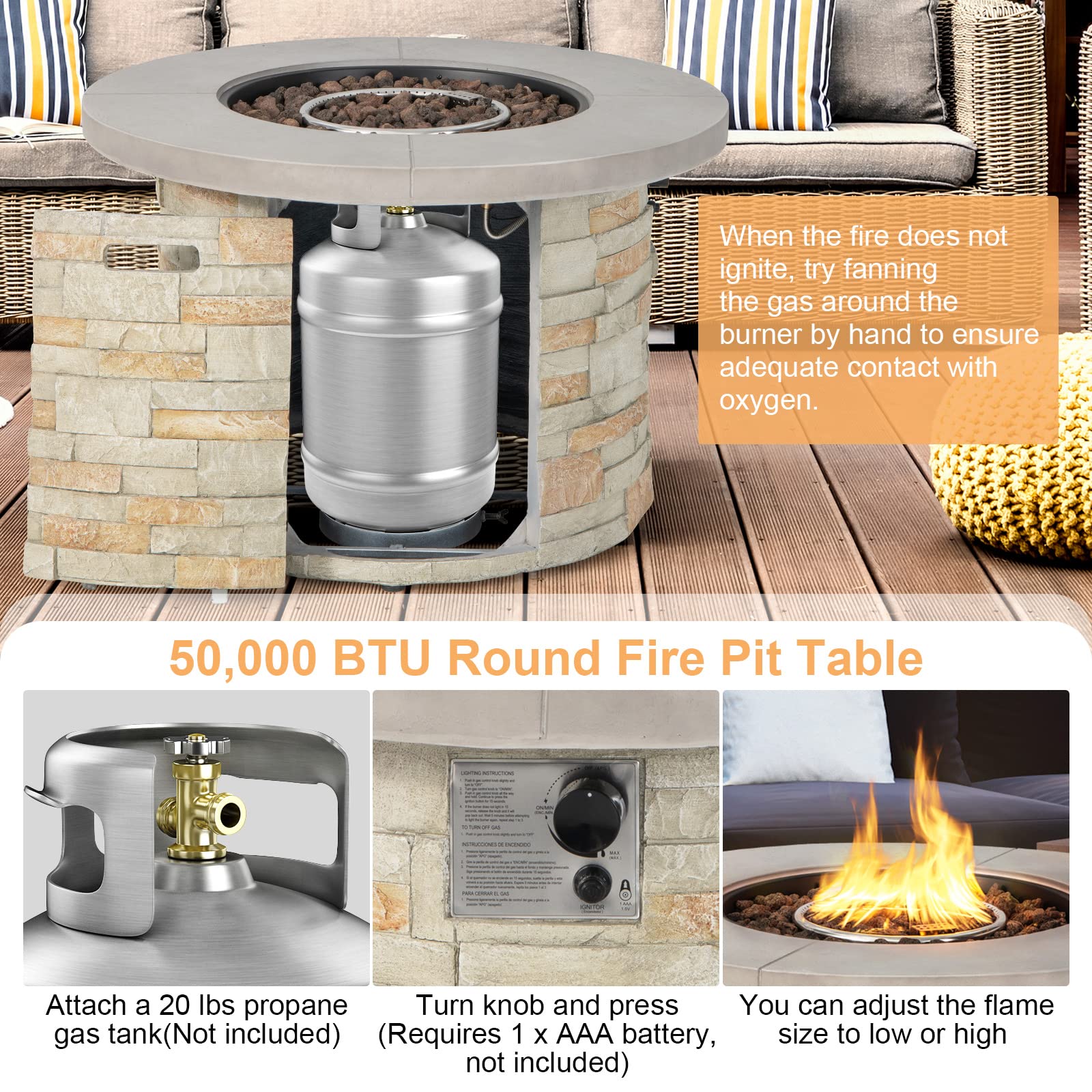 Tangkula 50,000 BTU Propane Gas Fire Pit Table, Patiojoy 36β Round Propane Firepit with Removable Lid, Volcanic Rock & PVC Cover, Outdoor Fire Pit Table with Faux Stone Surface for Patio, Backyard