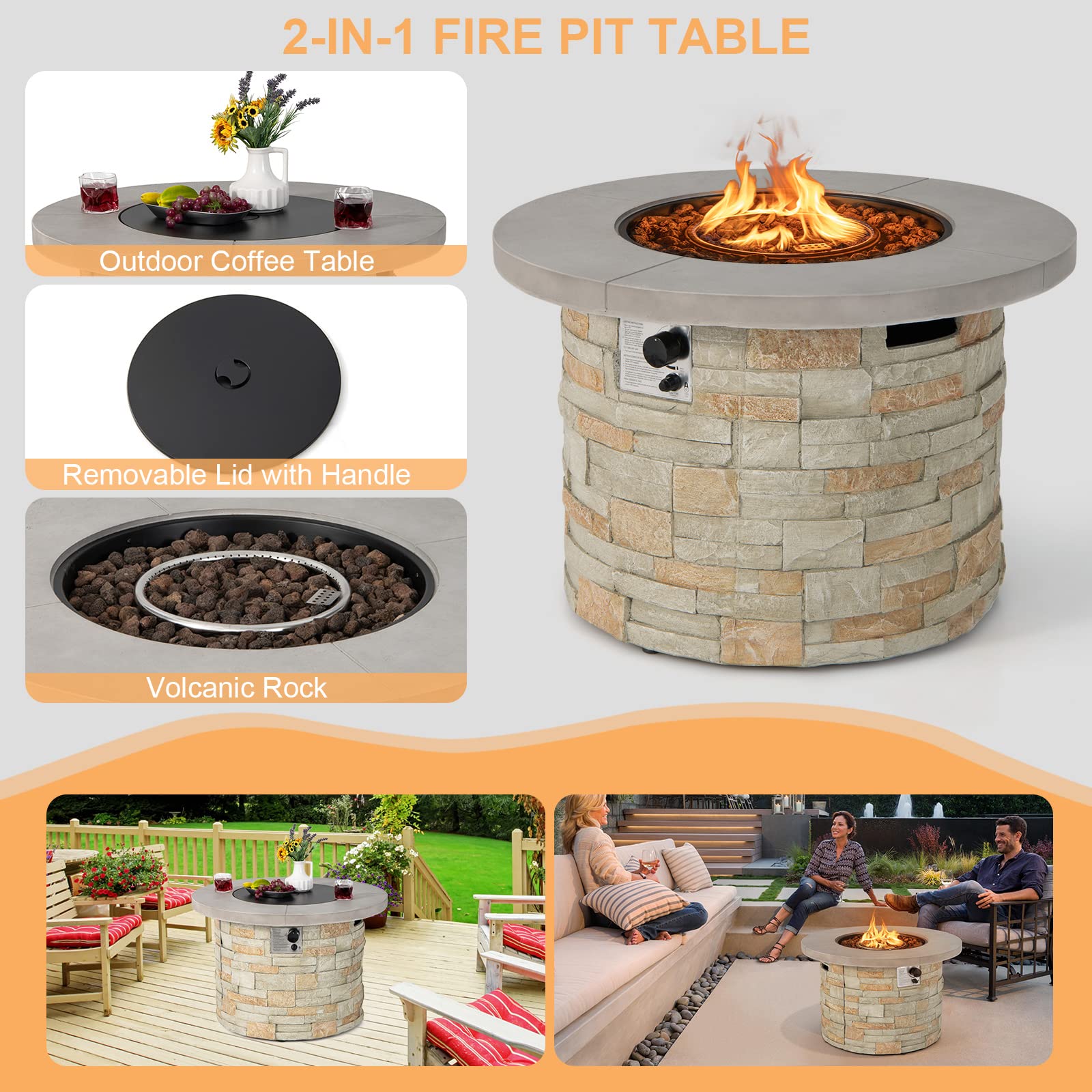 Tangkula 50,000 BTU Propane Gas Fire Pit Table, Patiojoy 36β Round Propane Firepit with Removable Lid, Volcanic Rock & PVC Cover, Outdoor Fire Pit Table with Faux Stone Surface for Patio, Backyard