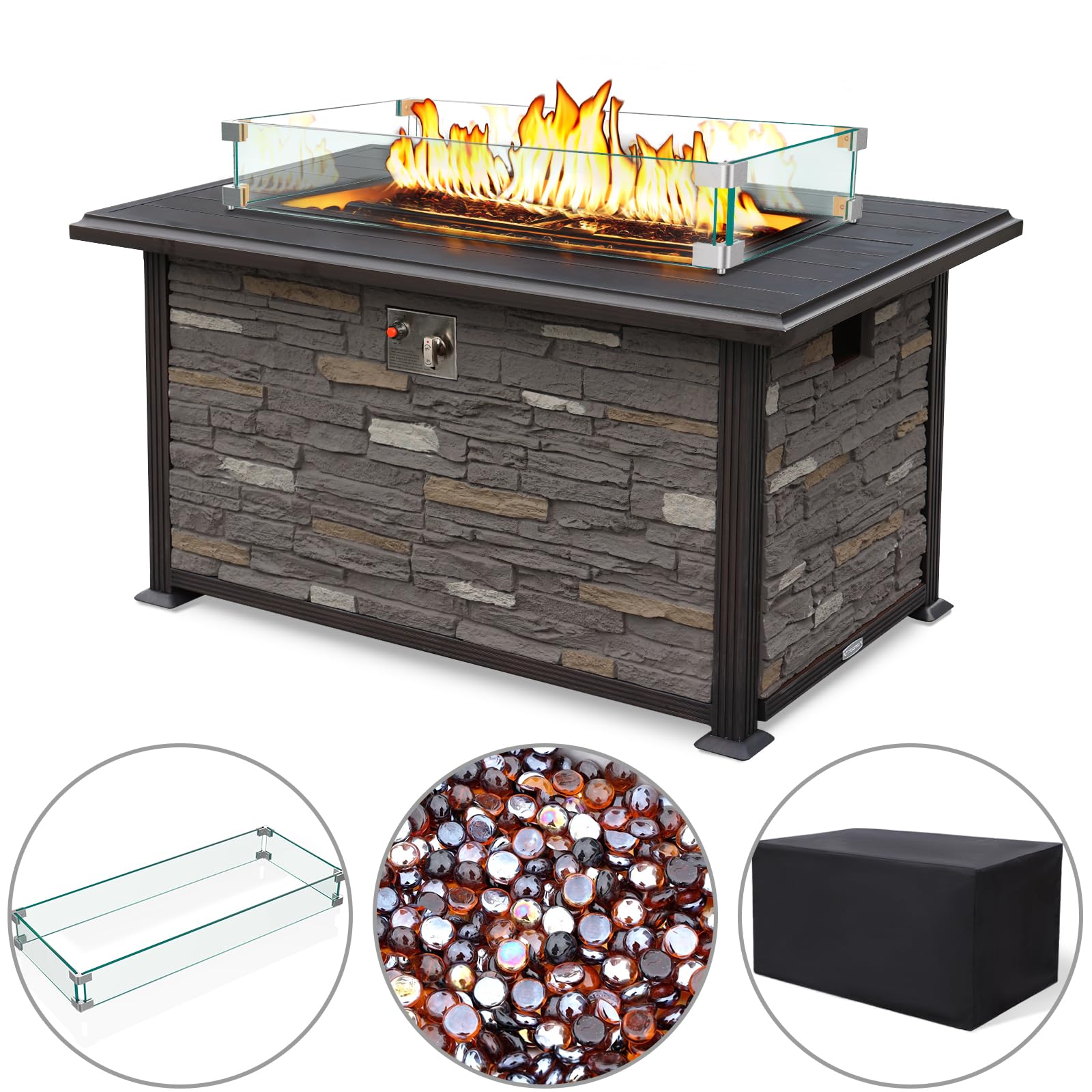 NOBLEMOOD 48 INCH Propane Fire Pit Outdoor Fire Table w/Faux Ledgestone Base, 50,000 BTU Gas Fire Pit Table w/Fire Pit Wind Guard, Aluminum Table Top & Waterproof Cover, CSA Certification