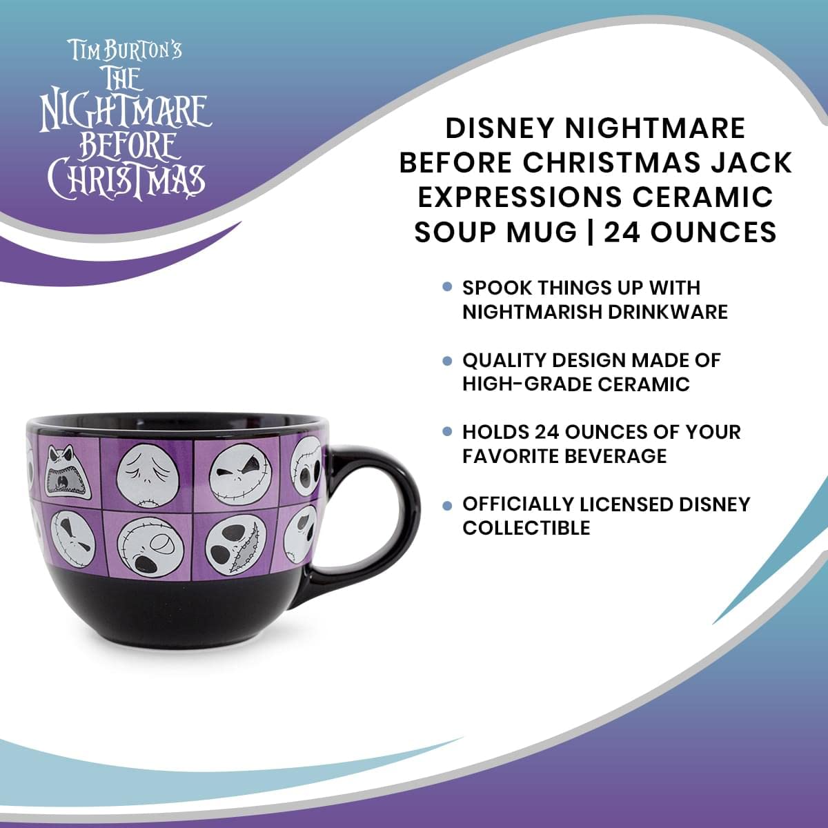 Disney The Nightmare Before Christmas Jack Expressions Ceramic Soup Mug | Bowl For Ice Cream, Cereal, Oatmeal | Large Coffee Cup For Espresso, Caffeine | Home & Kitchen Essentials | Holds 24 Ounces