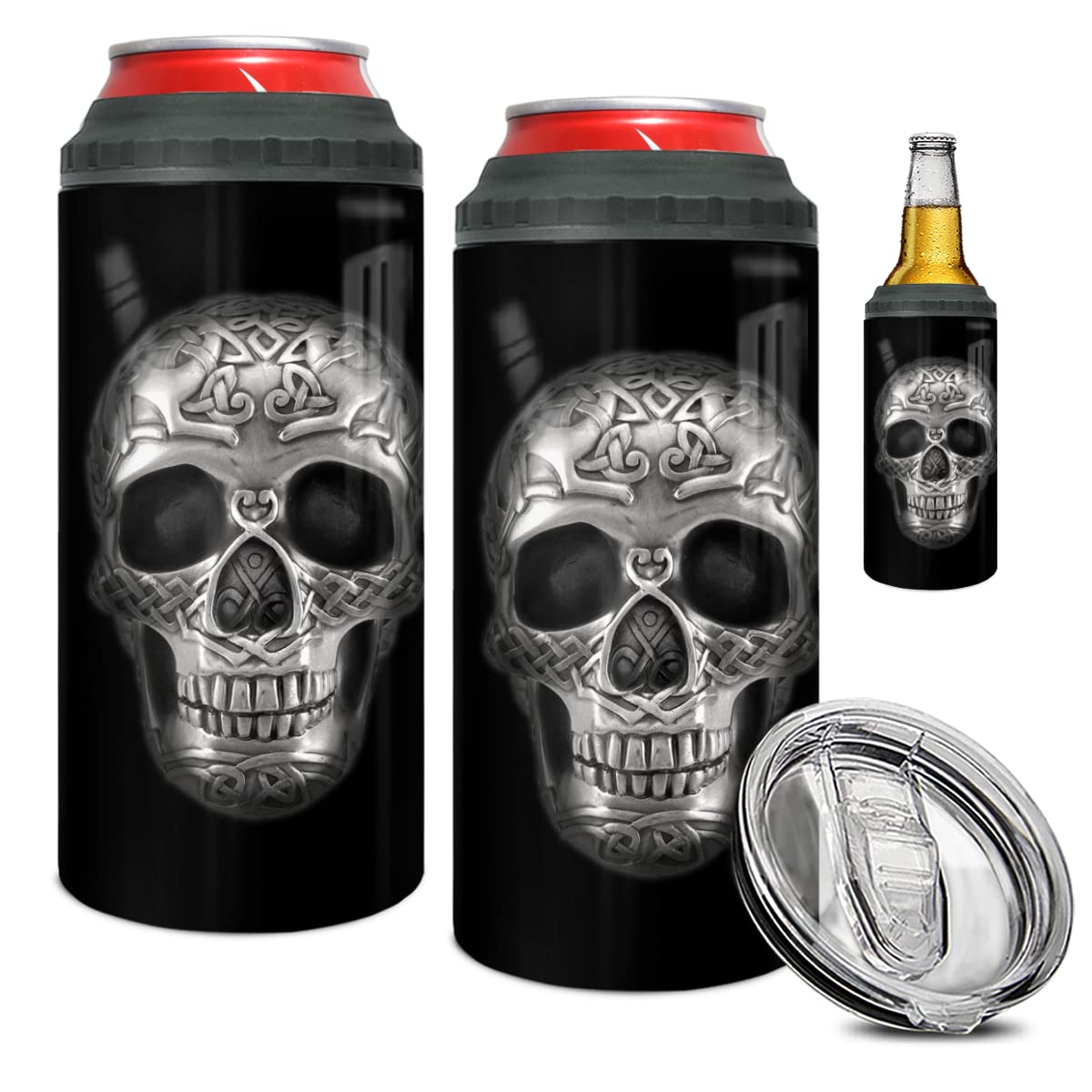winorax Skull Tumbler 4-in-1 Can Cooler Skulls Coffee Travel Mug Cup 16oz Stainless Steel Insulated with Lid Inspirational Skull Gifts for Men Women Skulls Lover Birthday Halloween Birthday