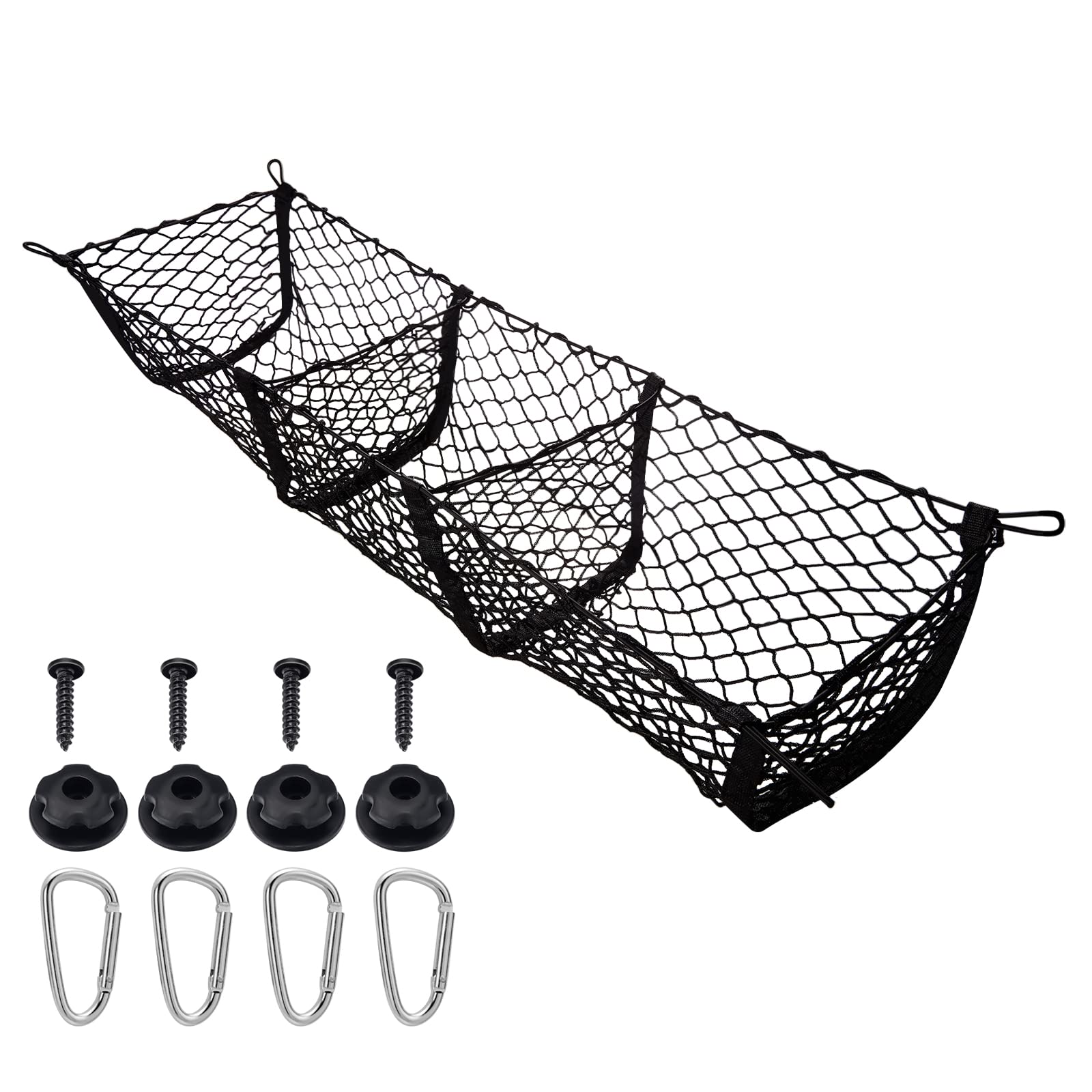 BDFHYK 3 Pocket Cargo Net Trunk Bed Organizer, Black Mesh Storage Net with 4 Metal Hooks, Heavy Duty Cargo Net for SUV, Cars, Pickup Truck Bed, 47.2 x 12 x 11 inches