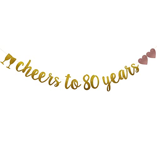 Cheers to 80 Years Banner, Pre-Strung, Gold Glitter Paper Garlands for 80th Birthday / Wedding Anniversary Party Decorations Supplies, No Assembly Required,(Gold)SUNbetterland