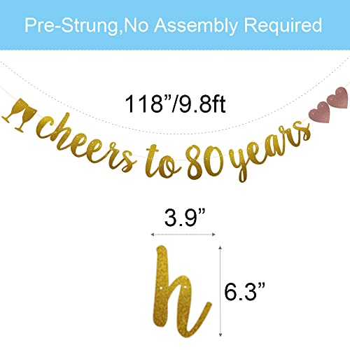Cheers to 80 Years Banner, Pre-Strung, Gold Glitter Paper Garlands for 80th Birthday / Wedding Anniversary Party Decorations Supplies, No Assembly Required,(Gold)SUNbetterland