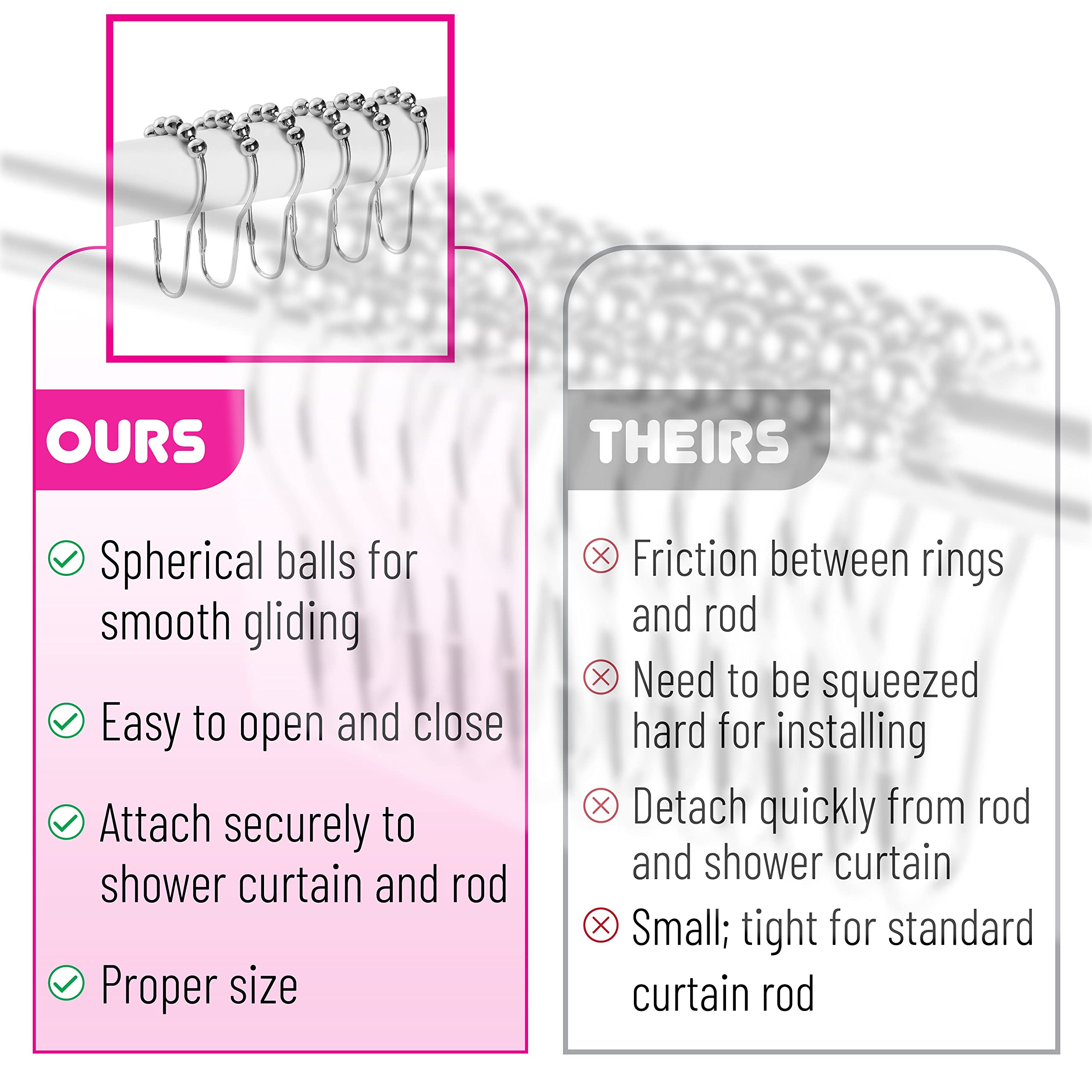Slick- Shower Curtain Rings, 12 Pack, Shower Curtain Hooks, Shower Rings, Shower Curtain Hooks Rust Proof, Shower Rings for Curtain, Silver Shower Curtain Hooks, Shower Curtain Hangers