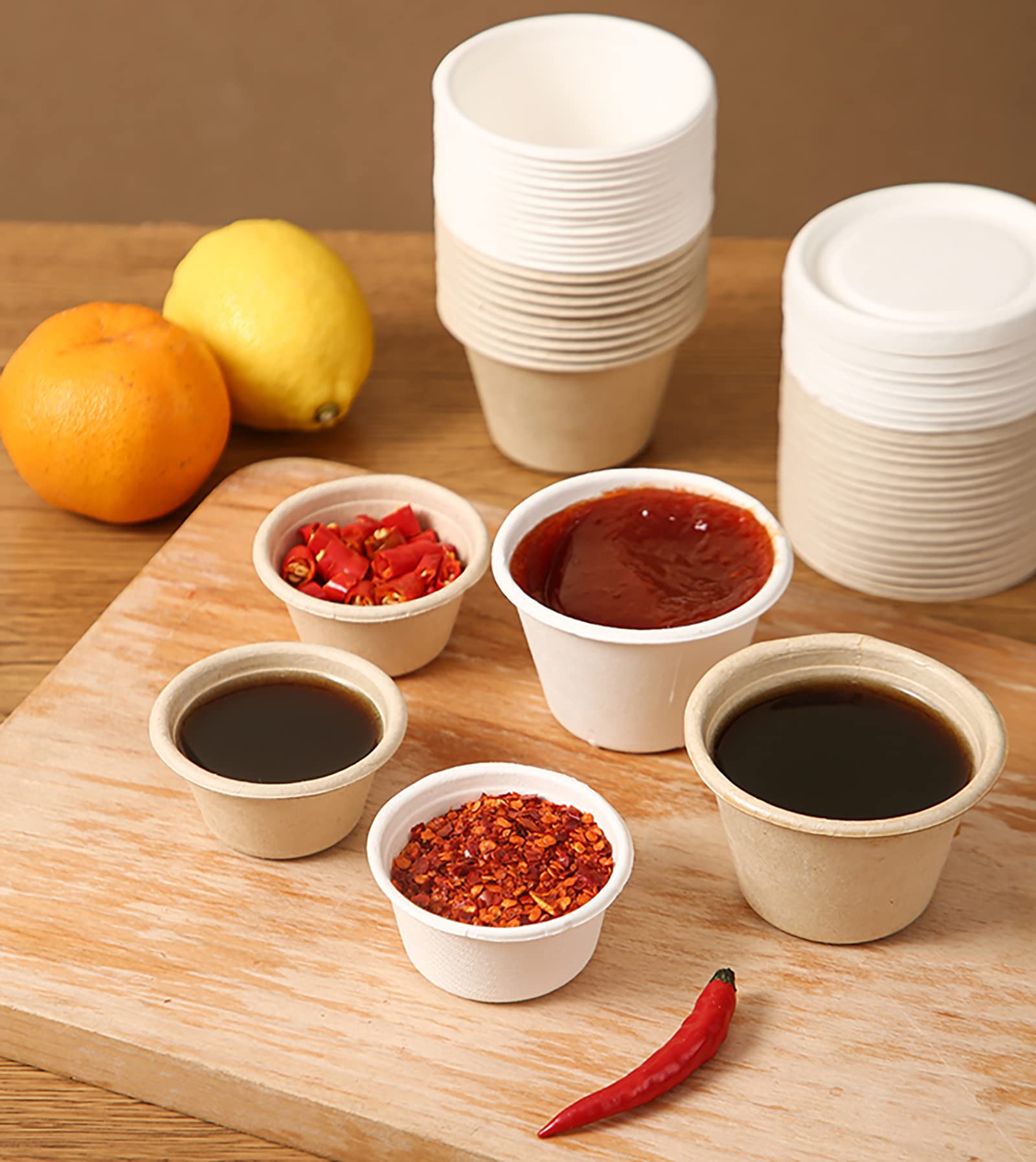 Yesland 200 Pack 2 oz Natural Bagasse Fiber Cups with Lids, Paper Tasting Cups Disposable Sample Food cup, Compostable Sauce Containers for Snack Tasting Charcuterie