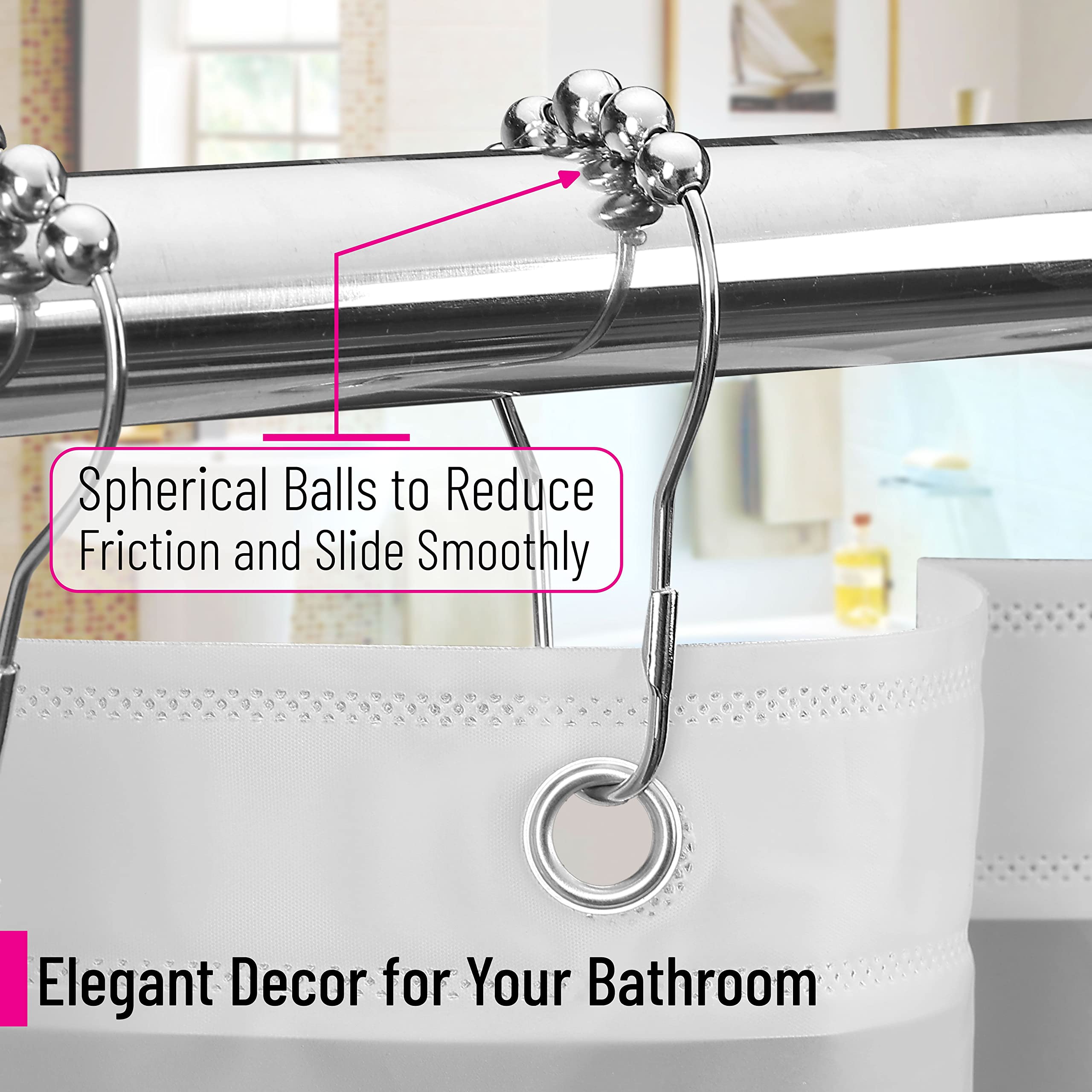 Slick- Shower Curtain Rings, 12 Pack, Shower Curtain Hooks, Shower Rings, Shower Curtain Hooks Rust Proof, Shower Rings for Curtain, Silver Shower Curtain Hooks, Shower Curtain Hangers