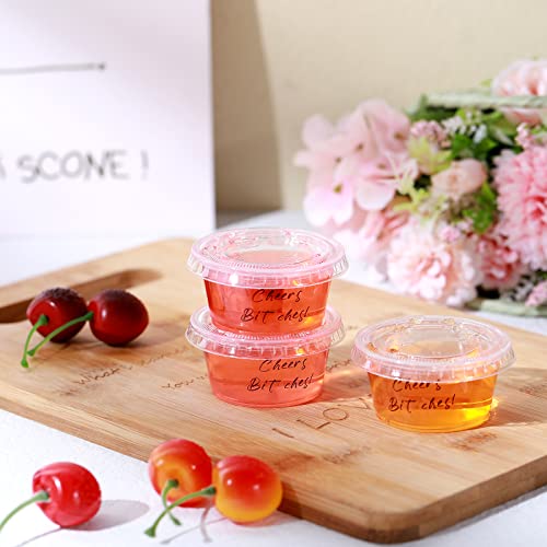 200 Pcs 2 oz Plastic Jelly Cup with Lids Small Containers and Stickers Syringes for Sauce, Bachelor Birthday Party(Cheers Bitches)