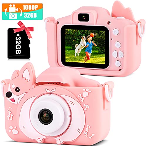 Corgi Kids Camera, Toddler Digital 1080P Upgrade Camera for Christmas Birthday Gifts, Cute 20.0MP Camera for Children with 32G SD Card, Portable Toy for 3 4 5 6 7 8 Years Old Girls Boys (Pink)