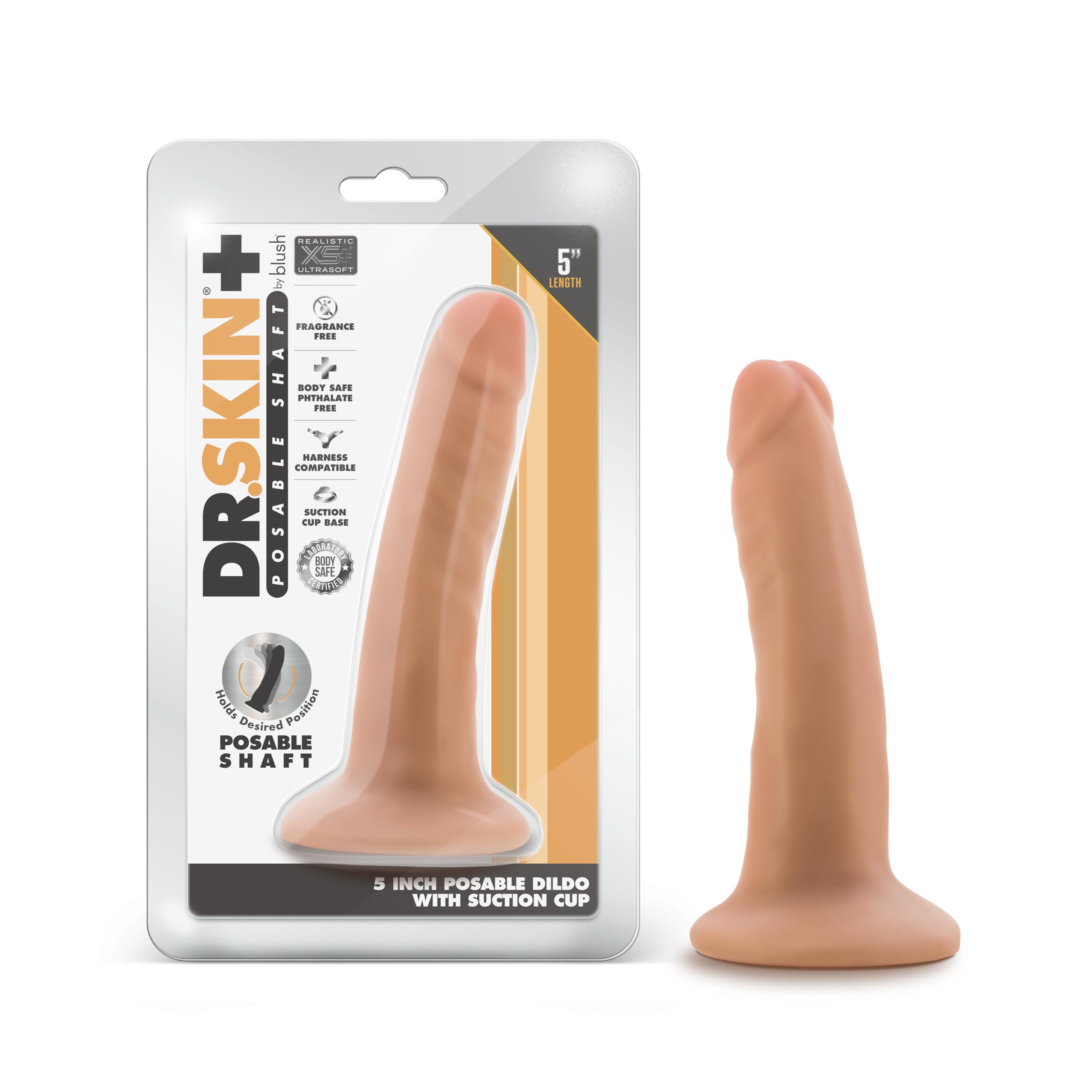 Blush Novelties Dr. Skin Plus - 5 Inch Realistic Posable Dildo - Suction Cup Base for Hands Free Play and Harness Compatible - Triple Density and Flexible Sex Toy for Him Her Couples