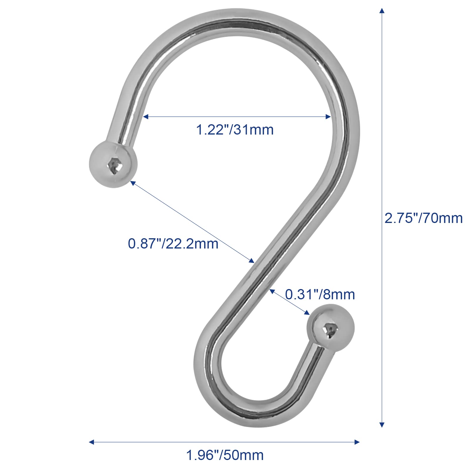 Gidse Metal Shower Curtain Hooks, Set of 12, Rust Proof Shower Curtain Hooks Rings, Durable S Shaped Hooks Hangers for Shower Curtains, Kitchen Utensils, Clothes, Towels (Chrome)