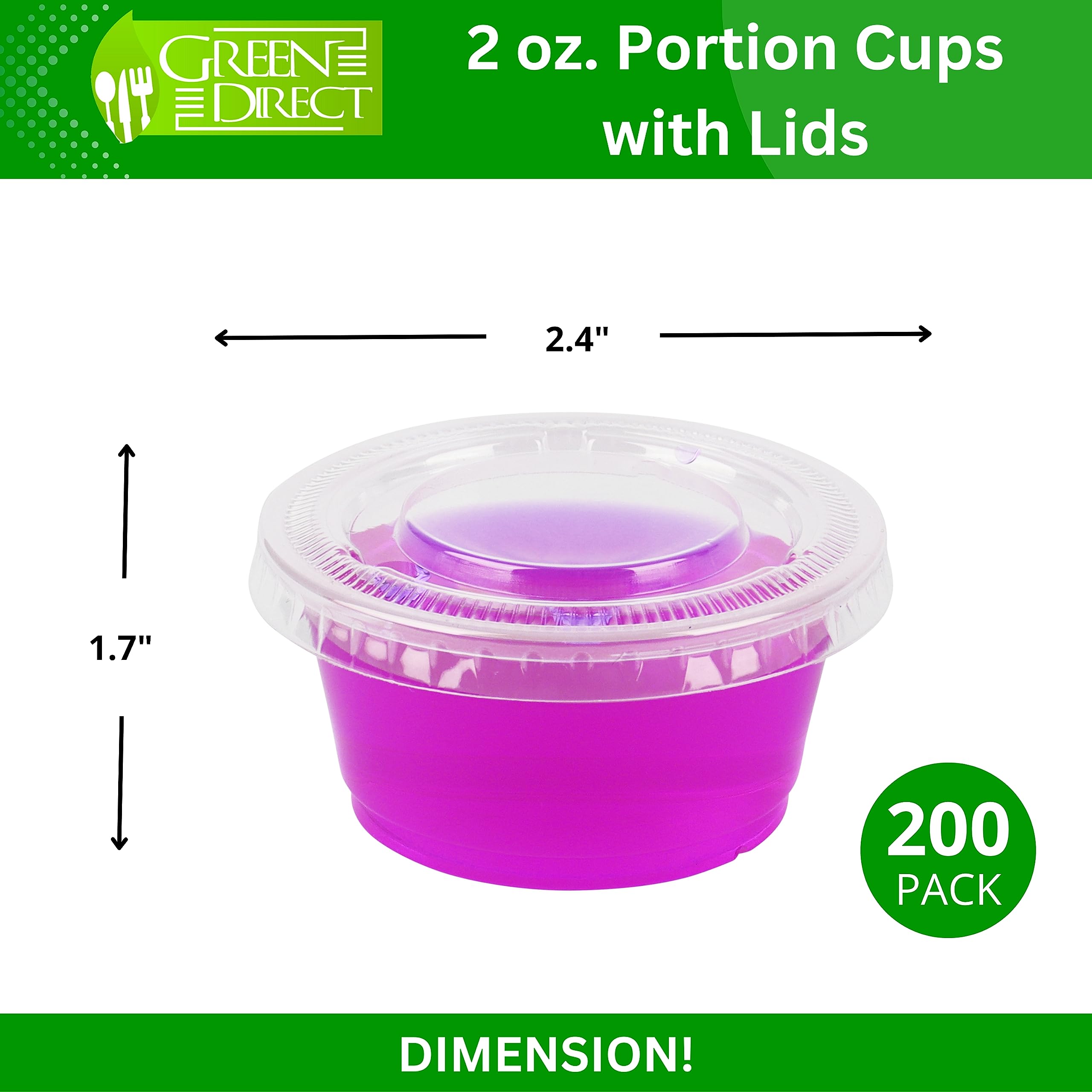 Green Direct 2 oz. Disposable Small Plastic Containers with Lids – Portion Condiment Containers for Jello Shots, Sauces, Dressings & Meal Prep, Pack of 200