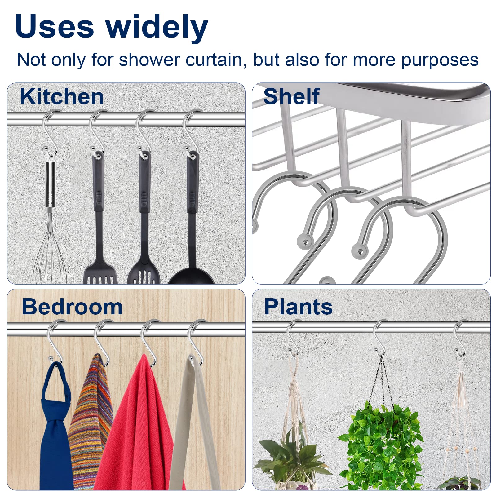 Gidse Metal Shower Curtain Hooks, Set of 12, Rust Proof Shower Curtain Hooks Rings, Durable S Shaped Hooks Hangers for Shower Curtains, Kitchen Utensils, Clothes, Towels (Chrome)