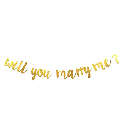 Will You Marry Me Banner Bunting for Valentine's Day, Wedding, Bridal Shower, Marriage Proposal Engagement Party Decorations Gold Glitter Pre-Strung