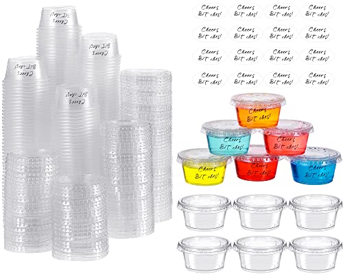 200 Pcs 2 oz Plastic Jelly Cup with Lids Small Containers and Stickers Syringes for Sauce, Bachelor Birthday Party(Cheers Bitches)