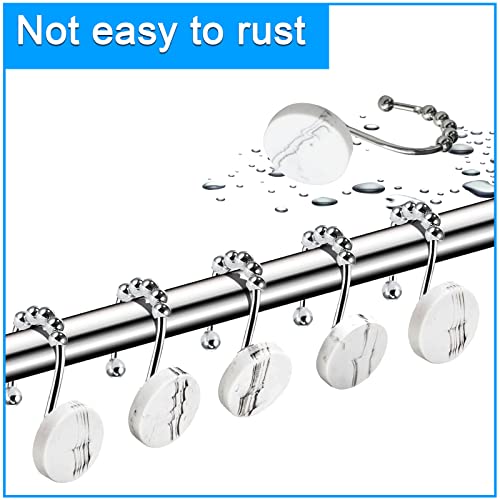 Marble Shower Curtain Ring Hooks Rust Proof Decorative for Bathroom Towel Clothes Kitchen Utensil Living Room (White with Glide Balls)