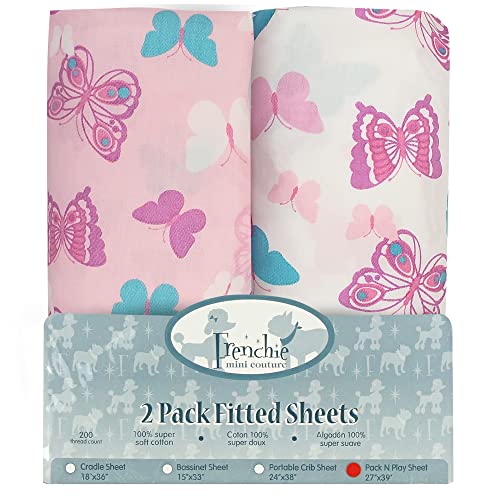 Frenchie Mini Couture, Fitted Pack n Play Sheets, 2 Pack, 100% Woven Cotton, Pack and Play Mattress Sheets, Fits Most Mini Crib & Playard, 27 x 39 x 4in, Butterfly