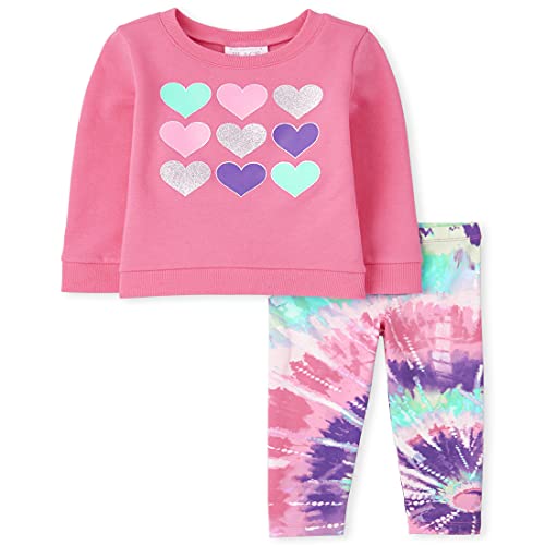 The Children's Place Baby Toddler Girl Long Sleeve Fleece Sweatshirt and Tie Dye Knit Leggings 2-Piece Set, in The Pink, 5T