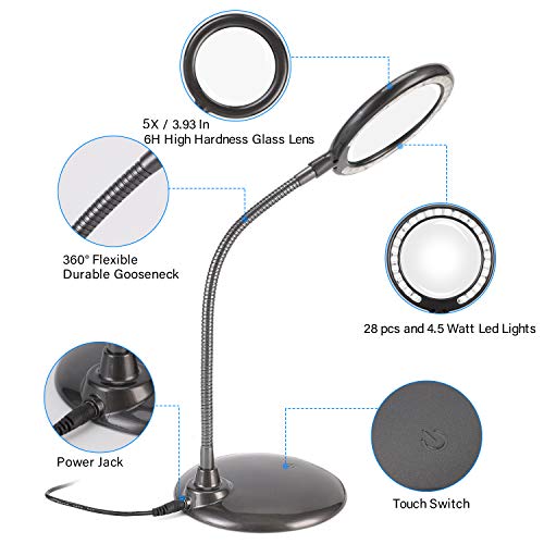 5X Rechargeable Magnifying Glass with Light and Stand, KACIOPOO Lighted Magnifying Glass Hands Free for Reading, Seniors, Hobbies, Craft