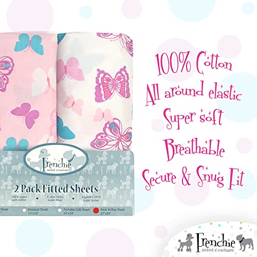 Frenchie Mini Couture, Fitted Pack n Play Sheets, 2 Pack, 100% Woven Cotton, Pack and Play Mattress Sheets, Fits Most Mini Crib & Playard, 27 x 39 x 4in, Butterfly