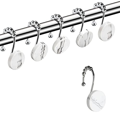 Marble Shower Curtain Ring Hooks Rust Proof Decorative for Bathroom Towel Clothes Kitchen Utensil Living Room (White with Glide Balls)